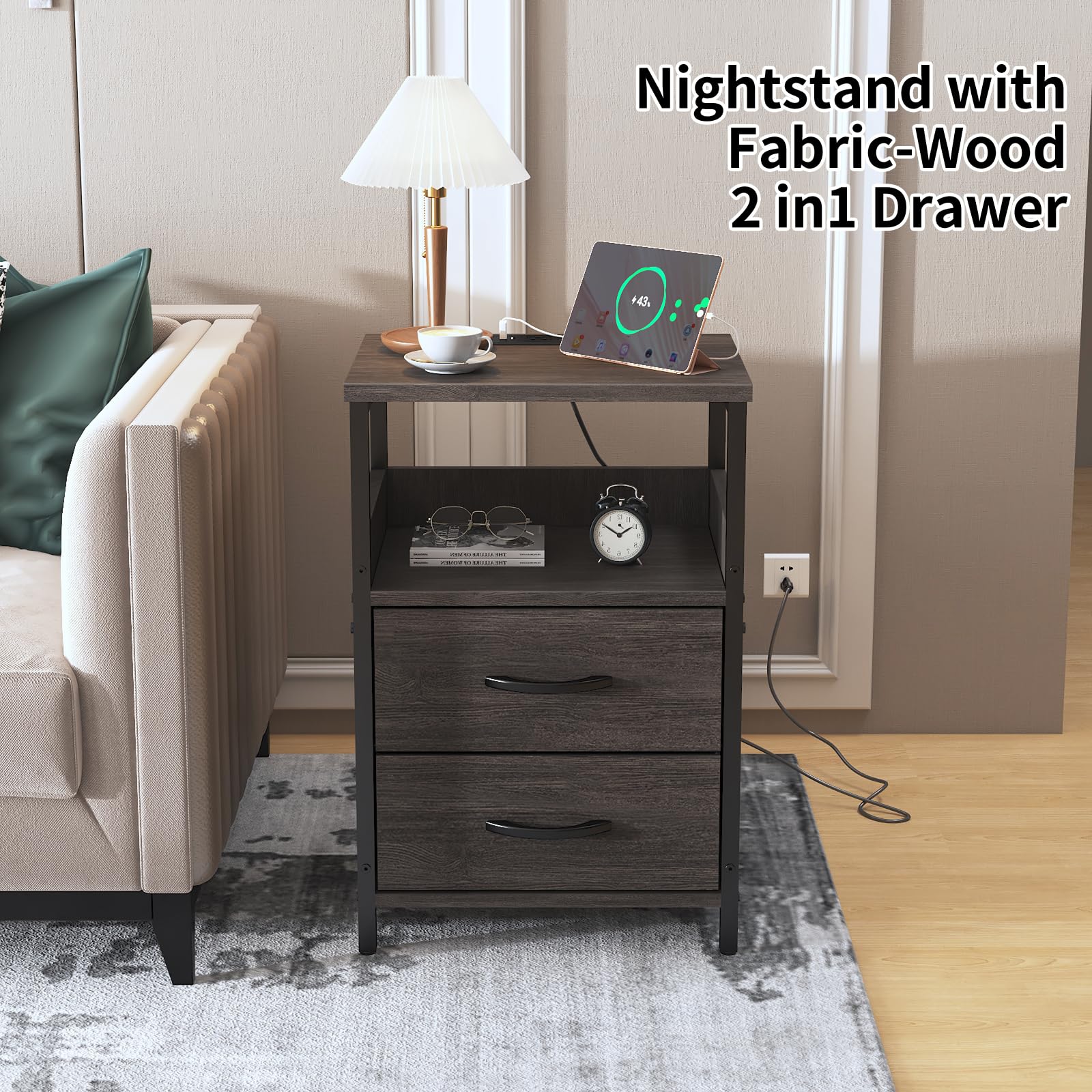 KHLJJU Nightstand with Charging Station, End Table Fabric-Wood 2-in-1 Drawer, Side for Small Spaces, Grey Bedside Tables USB Ports and Outlets Living Room, Bedroom, Office, KHL-BC-Hui-A