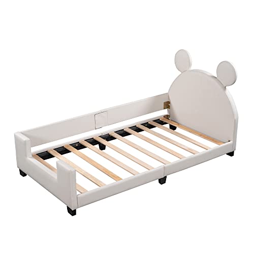 Mancofy Twin Size Cute Upholstered Daybed with Carton Ears Shaped Headboard, Wooden Twin Platform Bed Frame for Girls Boys, PU Leather Sofa Bed, Low Profile Single Bed (Round Ears White)