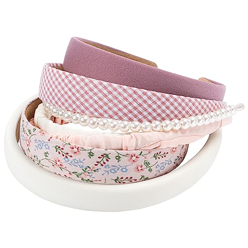 7pcs Fashion Headbands for Women, Wide Floral Headbands for Girls, Pearl Headband Non Slip Head Bands for Women's Hair Accessories (Pink)