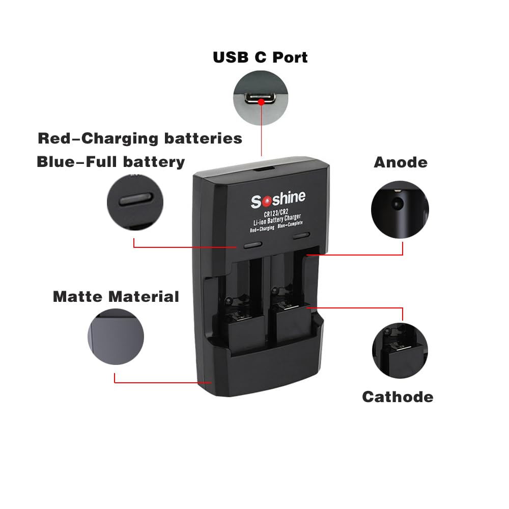 YDYDYYD Li-ion Battery Charger for 3.7V Li-ion RCR123 16340、 CR2 14250 15266, with USB C Charging Cable and 2 Slots Battery Storage Box, for Camera、 Toys、 Flashlight Battery Charger