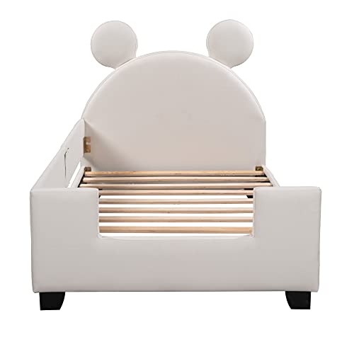 Mancofy Twin Size Cute Upholstered Daybed with Carton Ears Shaped Headboard, Wooden Twin Platform Bed Frame for Girls Boys, PU Leather Sofa Bed, Low Profile Single Bed (Round Ears White)