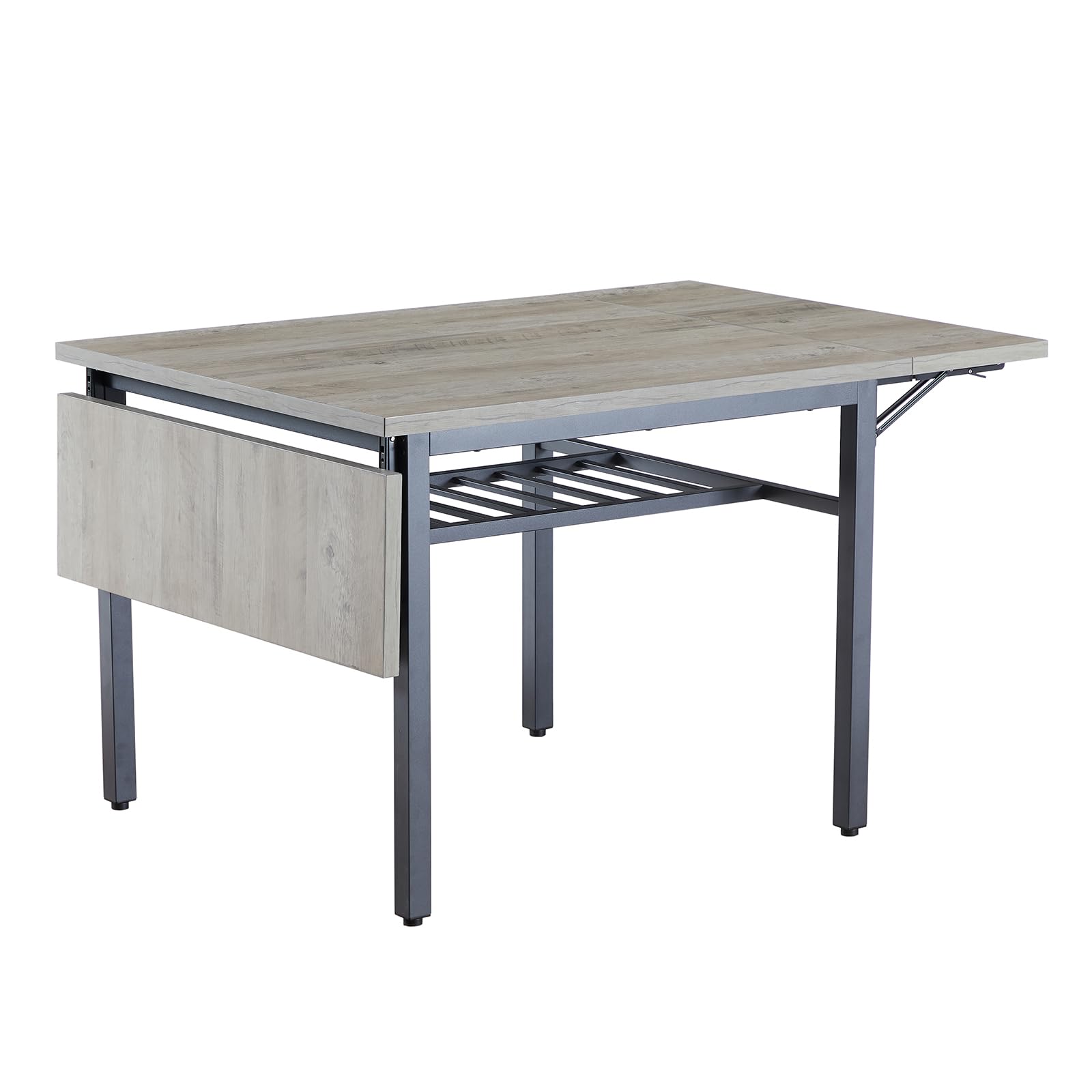 Suheww Folding Dining Table, Drop Leaf Tables with Metal Storage Racks, 63.2” Industrial Extendable Compact Kitchen Table for Apartment, Small Spaces, Seats 2-6 People, Grey
