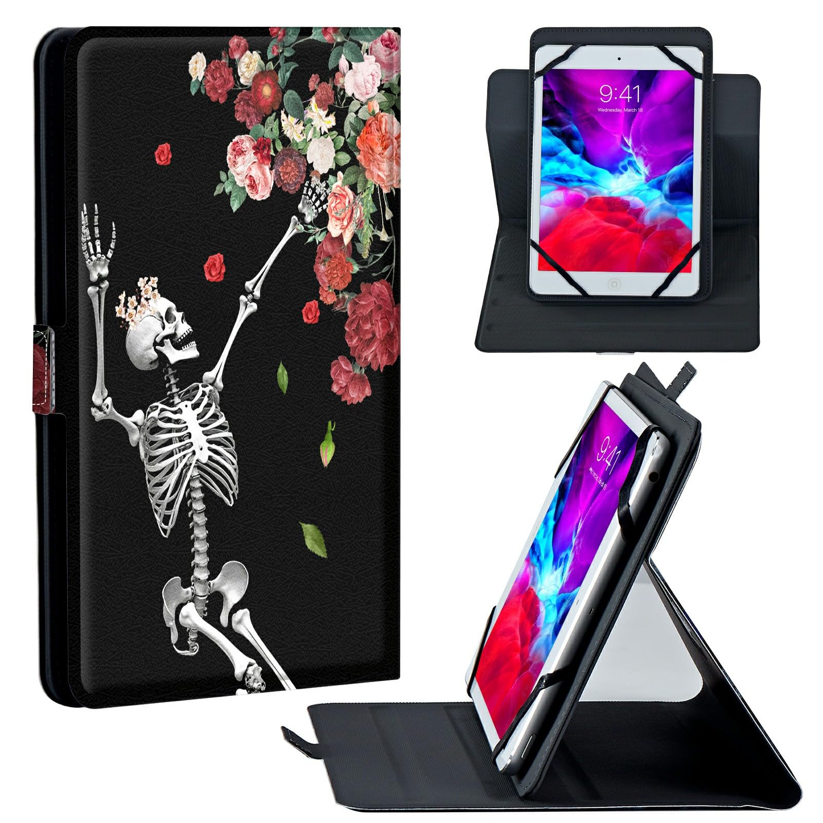 HEAKIERG Universal Tablet Case for New Kobo Libra 2 7" 2021 & 6" Kobo Clara 2E 2022, Lightweight Flip Stand and Adjustable Protective Cover Case for 6"-7" Tablet, Skull Rose