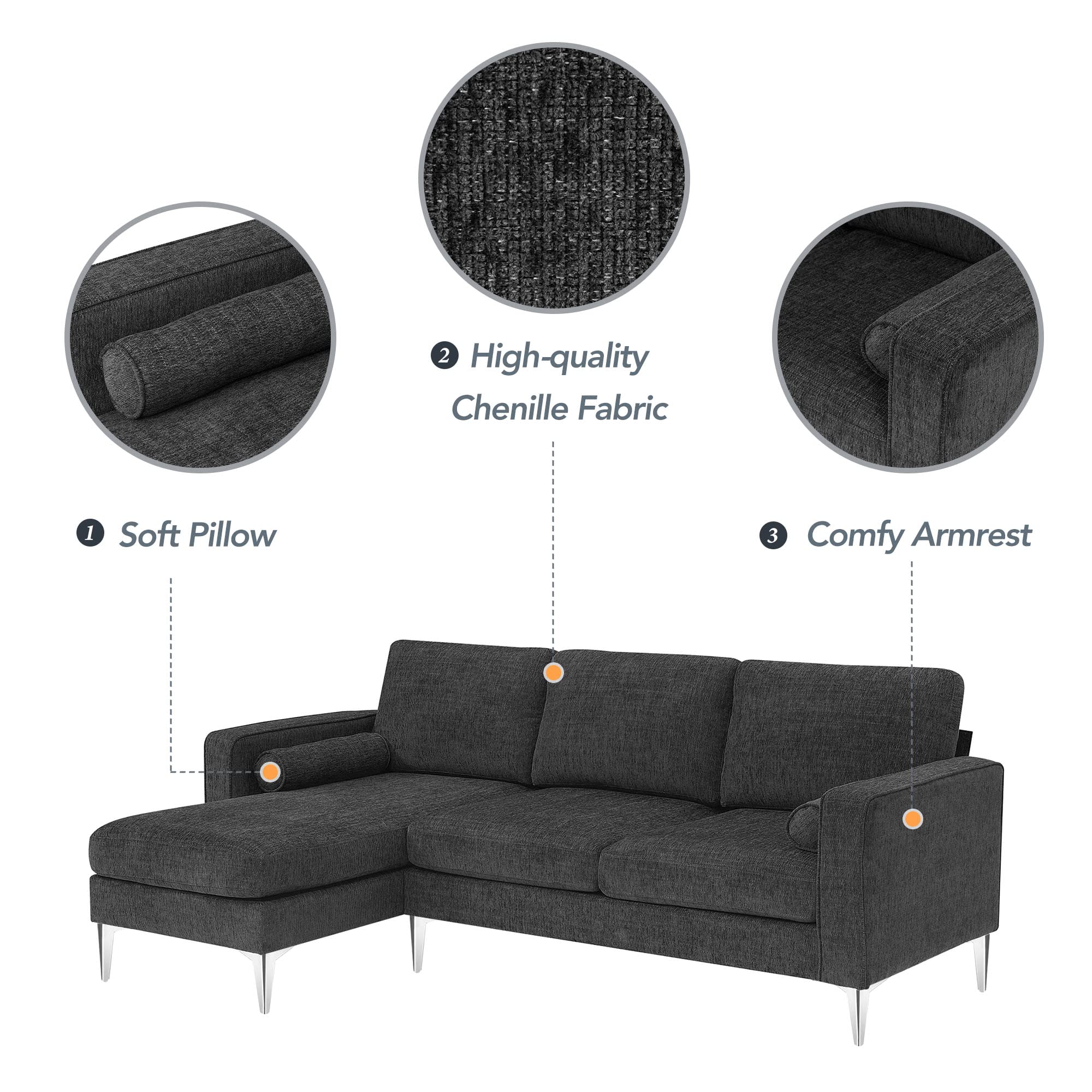 OPTOUGH Modern Chenille Fabric Convertible Sectional Sofa with Reversible Chaise,L-Shaped Couch 3-Seat Sofacair with 2 Pillows for Living Room,Apartment (86" Drrk Grey)