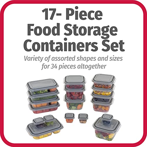 GoodCook EveryWare Set of 17 BPA-Free Plastic Food Storage Containers with Lids (34 Pieces Total), Clear/Grey