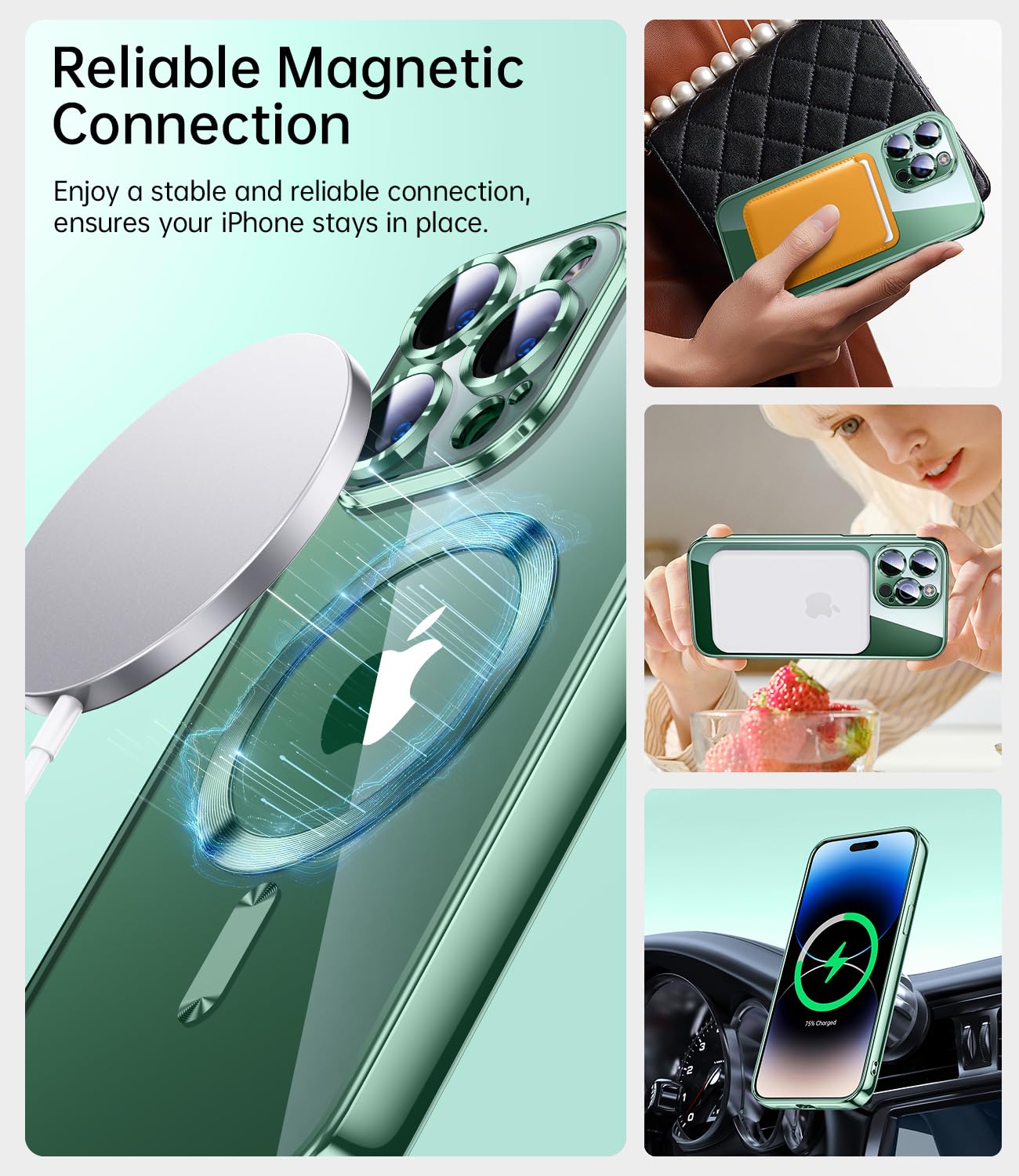 JAZZCAMEL for iPhone 13 Pro Max Case with One-Piece Lens Protection [Perfect Match for MagSafe] [with Top Class Screen Protector x1] Slim Luxury for Women Girls Men 6.7inch - Green