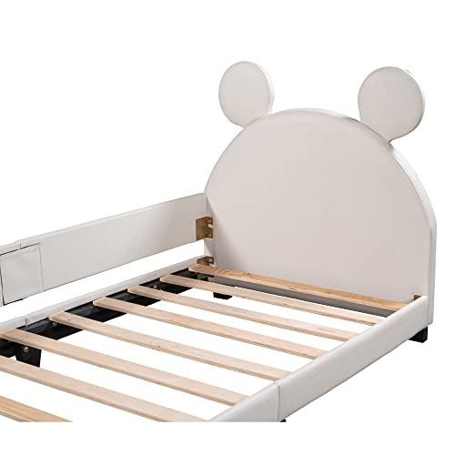 Mancofy Twin Size Cute Upholstered Daybed with Carton Ears Shaped Headboard, Wooden Twin Platform Bed Frame for Girls Boys, PU Leather Sofa Bed, Low Profile Single Bed (Round Ears White)