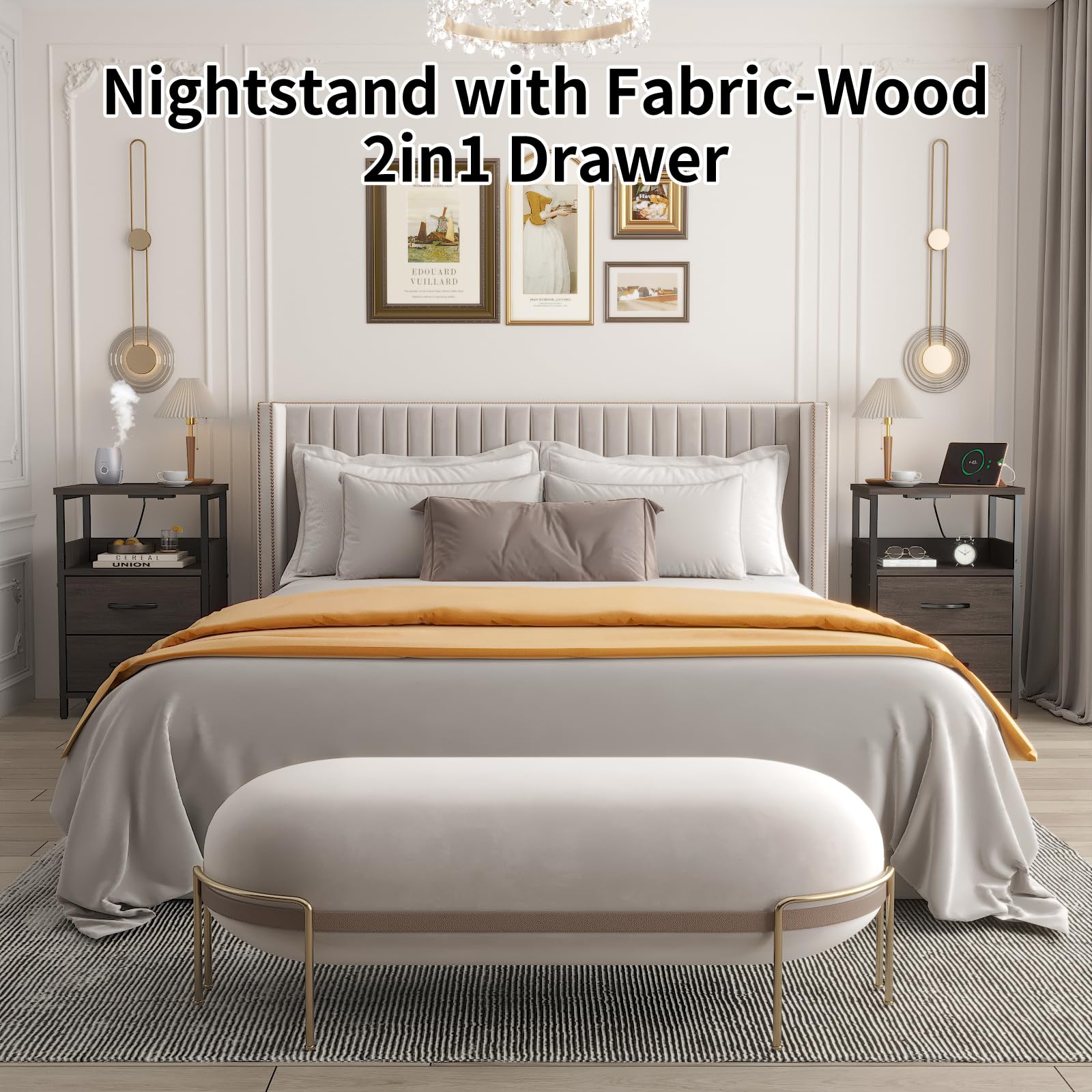 KHLJJU Nightstand with Charging Station, End Table Fabric-Wood 2-in-1 Drawer, Side for Small Spaces, Grey Bedside Tables USB Ports and Outlets Living Room, Bedroom, Office, KHL-BC-Hui-A