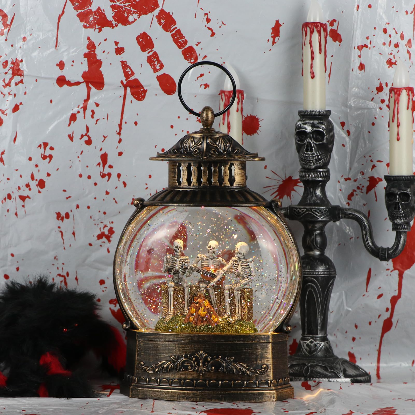 DRomance Halloween Skeleton Snow Globe Lantern with 6H Timer Battery Operated USB Powered Lighted Water Glitters Bronze Canteen Shaped Snow Globe Halloween Decoration Children Gift(6 x 3.2 x 11 Inch)
