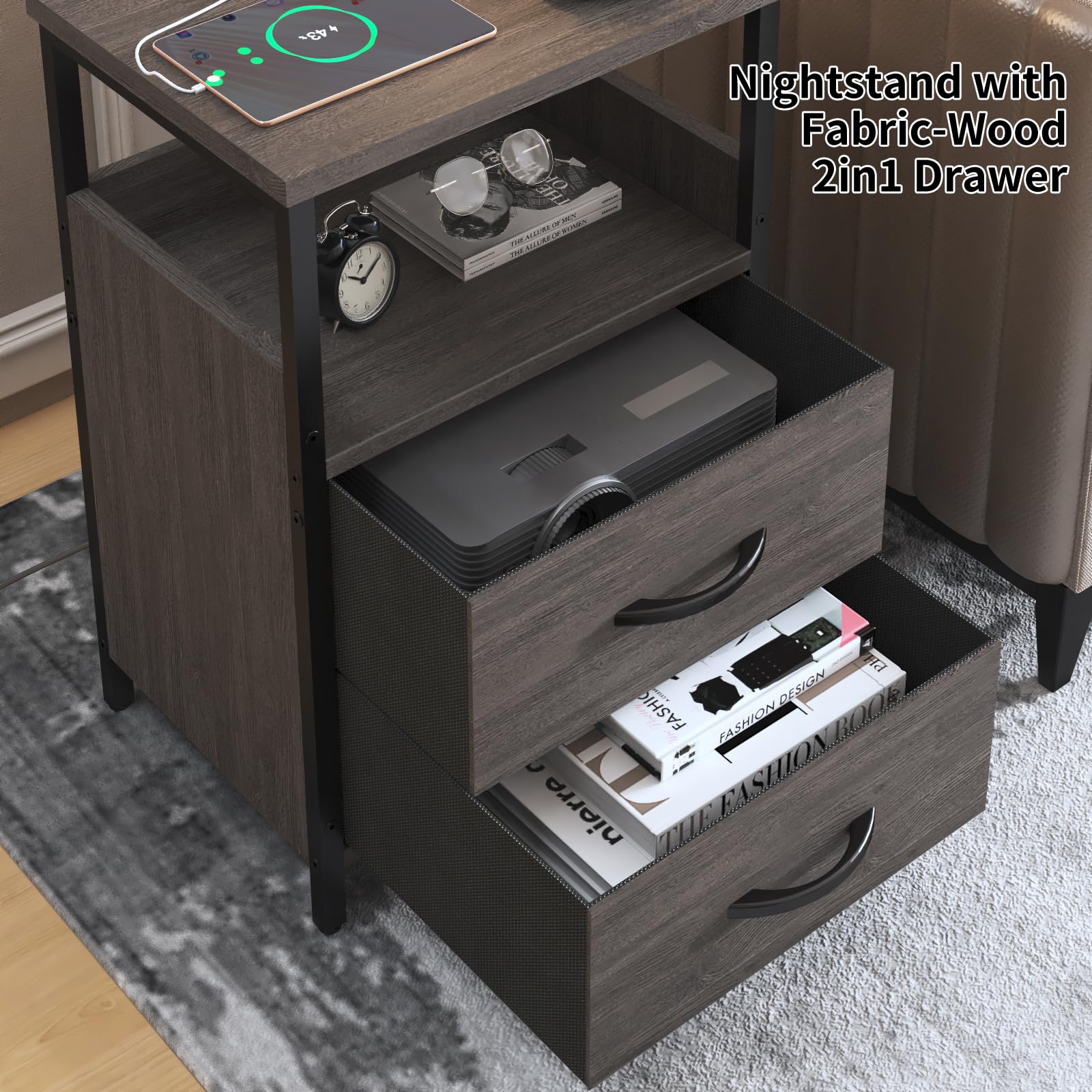 KHLJJU Nightstand with Charging Station, End Table Fabric-Wood 2-in-1 Drawer, Side for Small Spaces, Grey Bedside Tables USB Ports and Outlets Living Room, Bedroom, Office, KHL-BC-Hui-A
