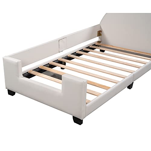 Mancofy Twin Size Cute Upholstered Daybed with Carton Ears Shaped Headboard, Wooden Twin Platform Bed Frame for Girls Boys, PU Leather Sofa Bed, Low Profile Single Bed (Round Ears White)