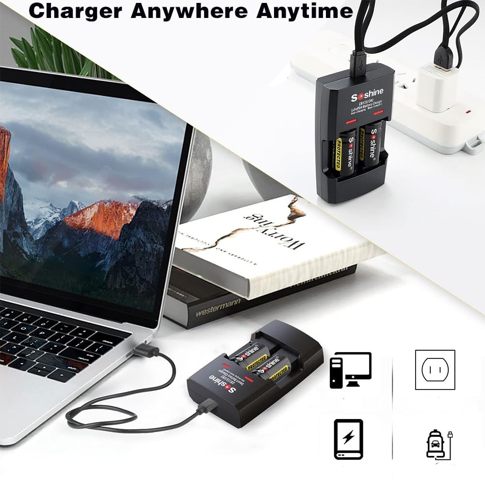 YDYDYYD Li-ion Battery Charger for 3.7V Li-ion RCR123 16340、 CR2 14250 15266, with USB C Charging Cable and 2 Slots Battery Storage Box, for Camera、 Toys、 Flashlight Battery Charger