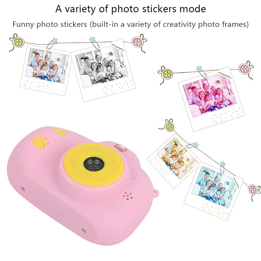 Kids Digital Camera, Cartoon Digital Camera, Mini Toy Camera for Girls Boys Birthday Gifts, with 2.0 Inch IPS Screen, Antilost Rope, Support Multilanguage, Pink (Pink)