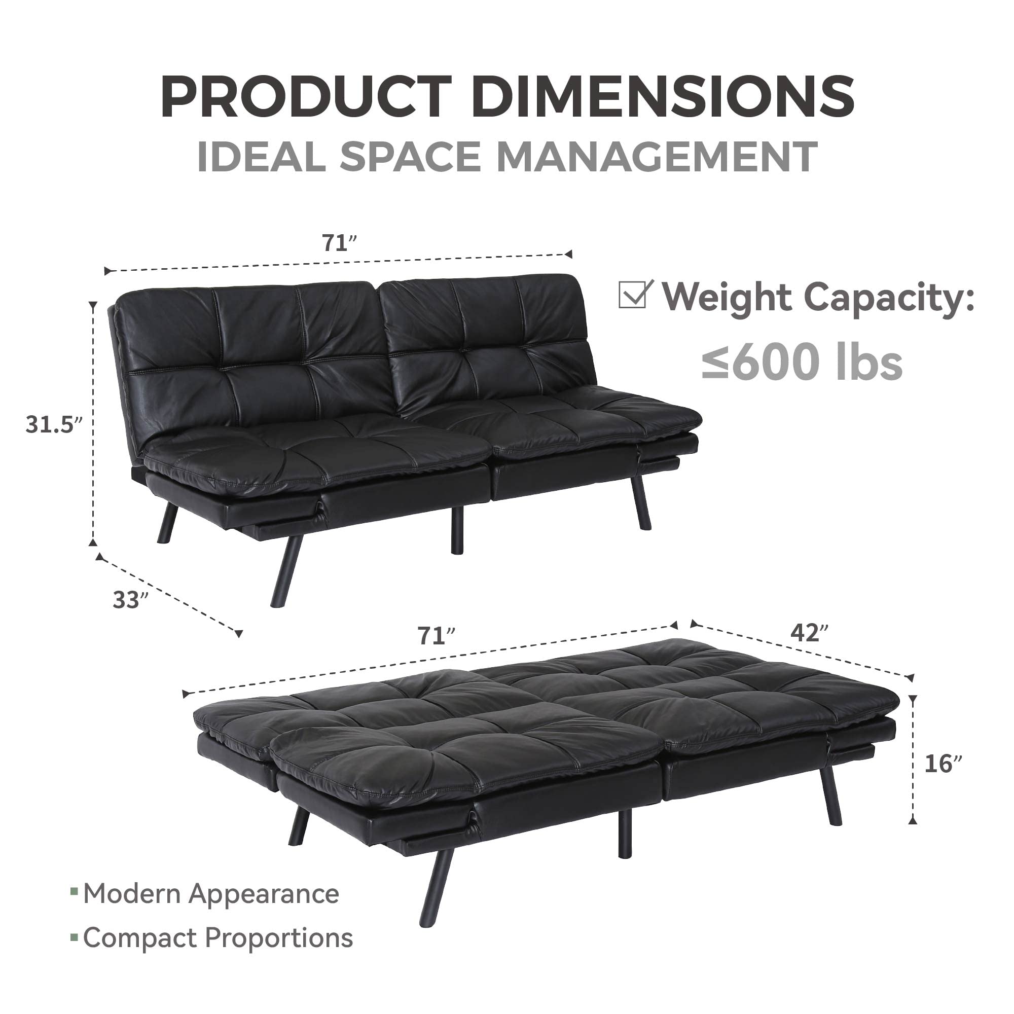 Anwick Futon Sofa Bed with Adjustable Armrests, Lounge Memory Foam Sleeper Couch, Convertible Loveseat Daybed for Modern Office, Apartment, Compact Living Room