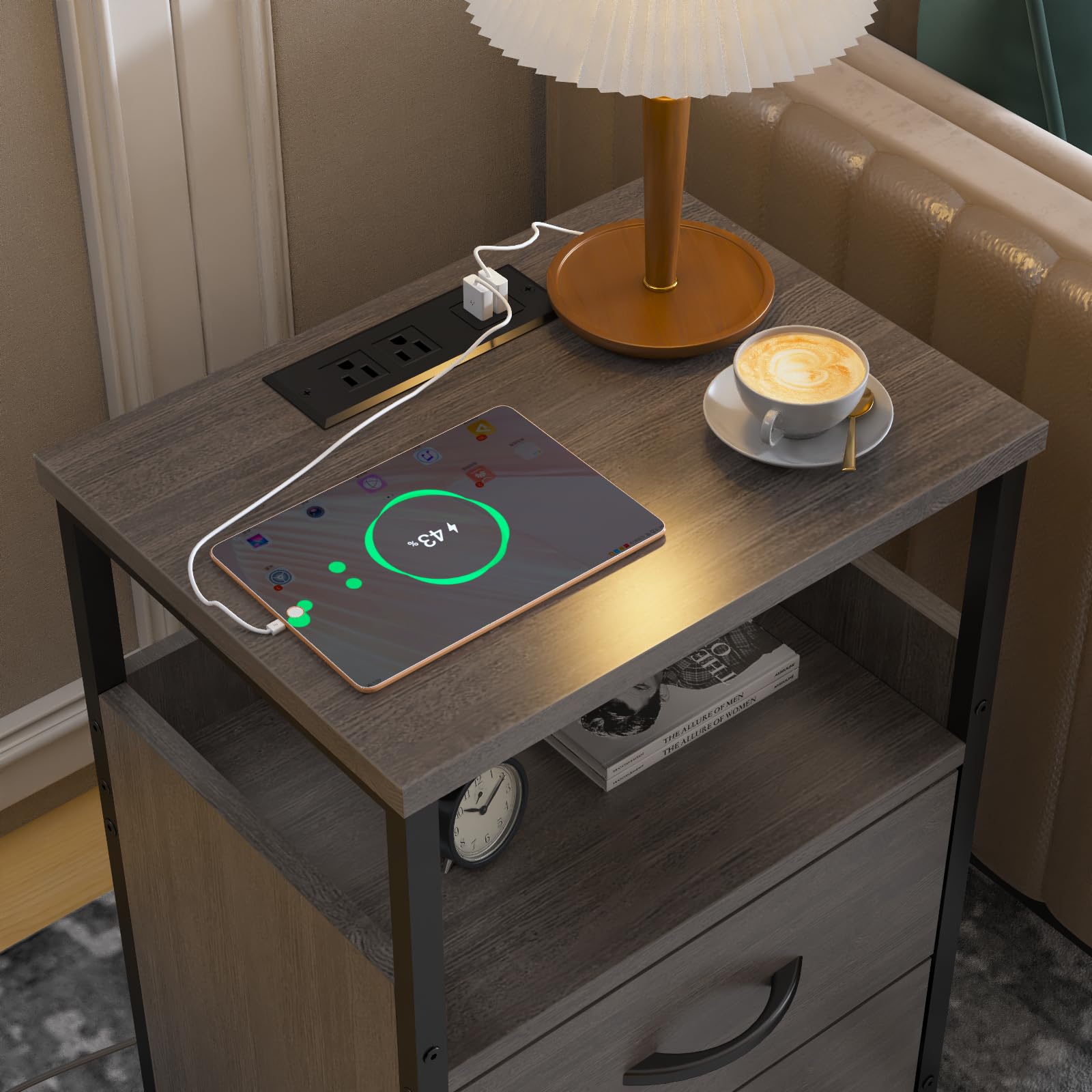 KHLJJU Nightstand with Charging Station, End Table Fabric-Wood 2-in-1 Drawer, Side for Small Spaces, Grey Bedside Tables USB Ports and Outlets Living Room, Bedroom, Office, KHL-BC-Hui-A