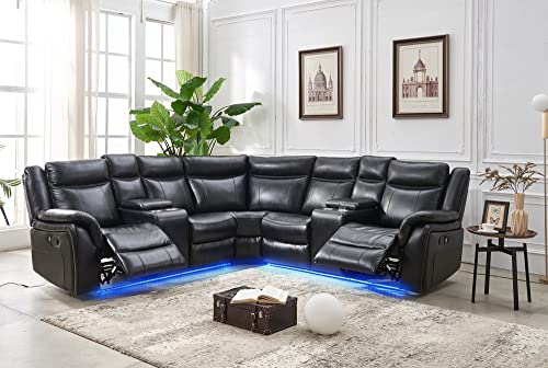 Modern Manual Reclining Motion Corner Sectional Sofa Couch ,PU Leather Upholstered Recliner Sofa & Couch W/ 2 Console Storage, 4 Cup Holders ,USB Ports and LED Stripes for Living Room Furniture Sets