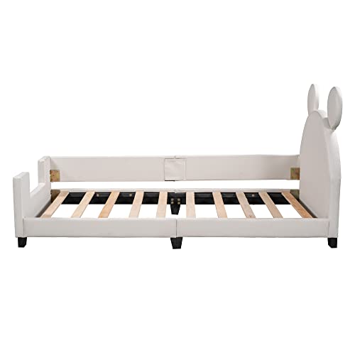 Mancofy Twin Size Cute Upholstered Daybed with Carton Ears Shaped Headboard, Wooden Twin Platform Bed Frame for Girls Boys, PU Leather Sofa Bed, Low Profile Single Bed (Round Ears White)