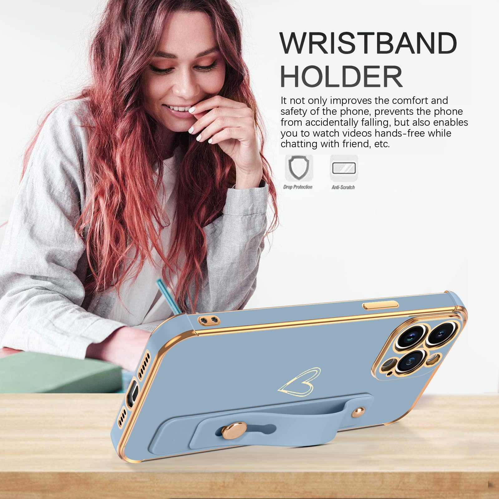 BENTOBEN for iPhone 13 Pro Max Phone Case, Cute Heart Adjustable Strap Wristband Kickstand Holder Shockproof Protective Soft TPU Luxury Plating Raised Trim Girls Women iPhone 13 Pro Max Case, Gray