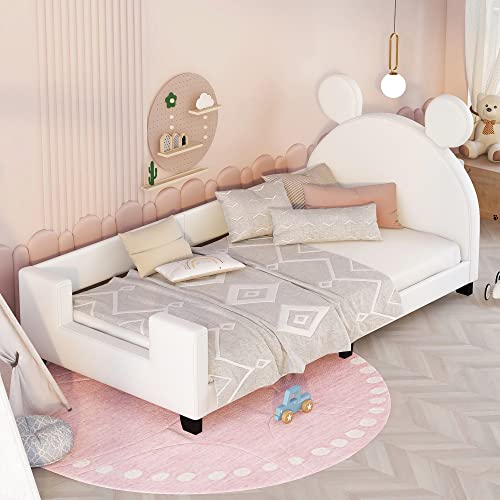 Mancofy Twin Size Cute Upholstered Daybed with Carton Ears Shaped Headboard, Wooden Twin Platform Bed Frame for Girls Boys, PU Leather Sofa Bed, Low Profile Single Bed (Round Ears White)