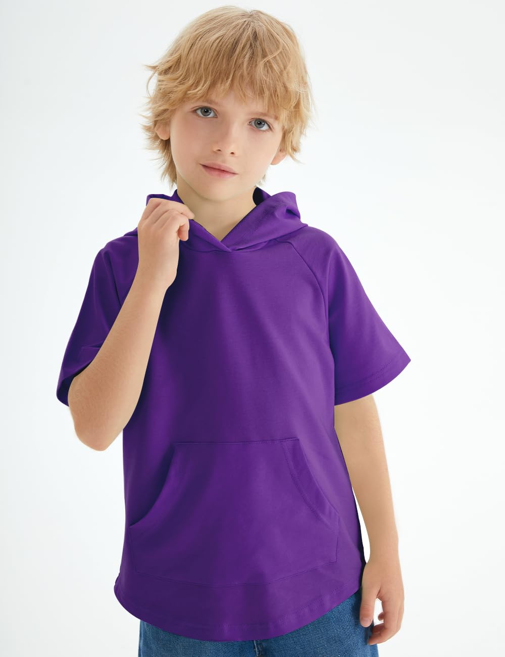 Spring&Gege Boys Light Weight Short Sleeve Hoodie Casual Solid Pullover Hooded T-shirt with Pocket, Purple, 9-10 Years