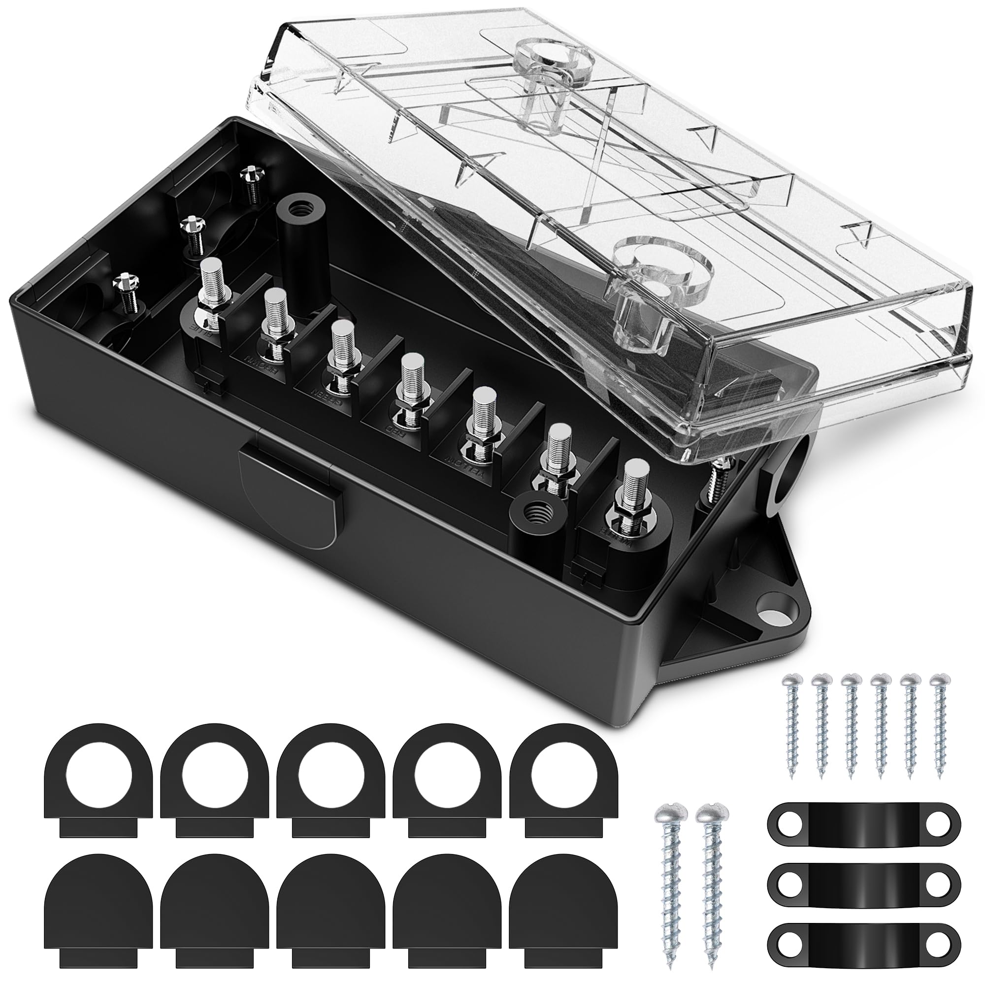 MICTUNING 7 Way Electrical Trailer Junction Box - 7 Gang Trailer Wire Connection Box Weatherproof for Rewiring Camper RV Caravans Boat Light, Transparent Cover