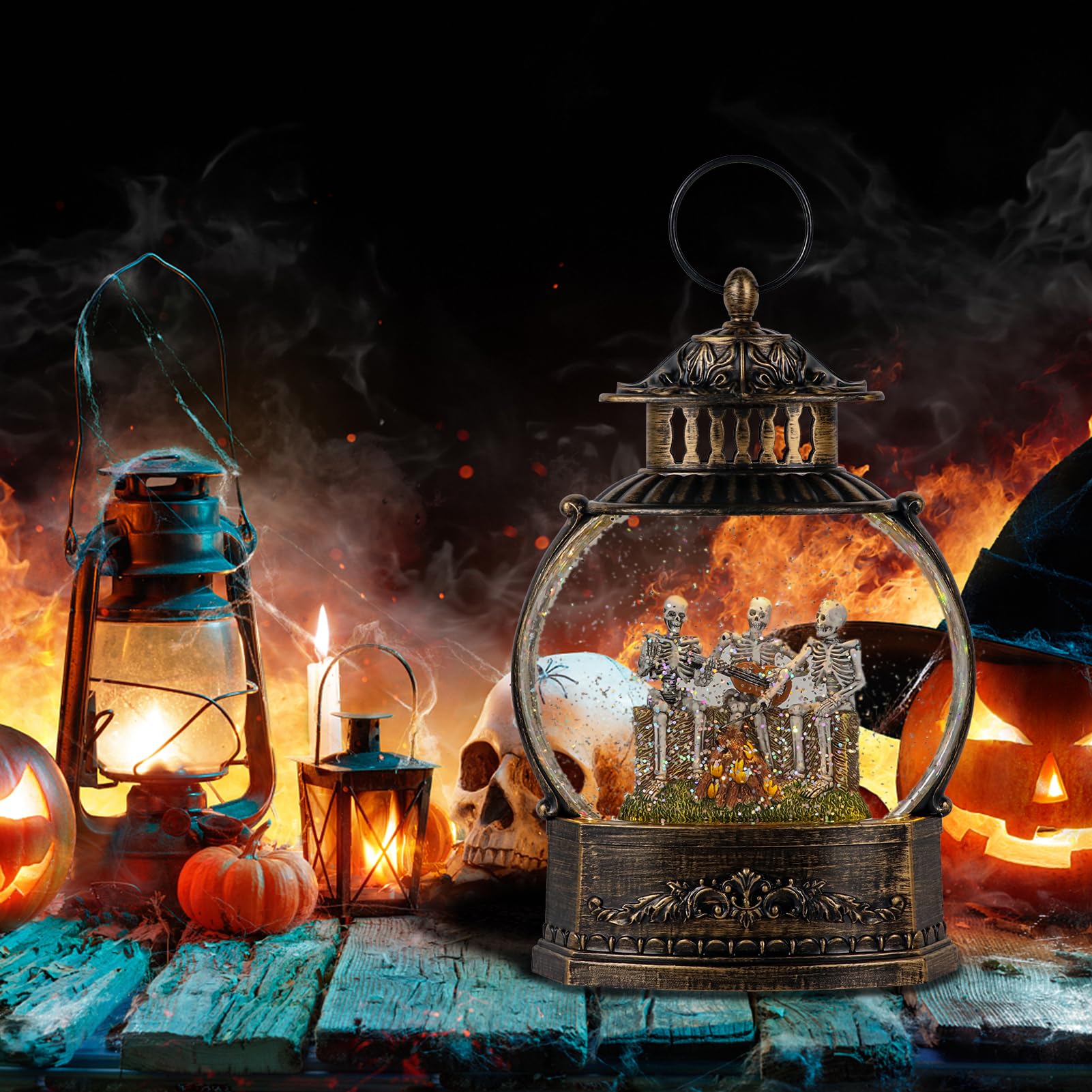 DRomance Halloween Skeleton Snow Globe Lantern with 6H Timer Battery Operated USB Powered Lighted Water Glitters Bronze Canteen Shaped Snow Globe Halloween Decoration Children Gift(6 x 3.2 x 11 Inch)