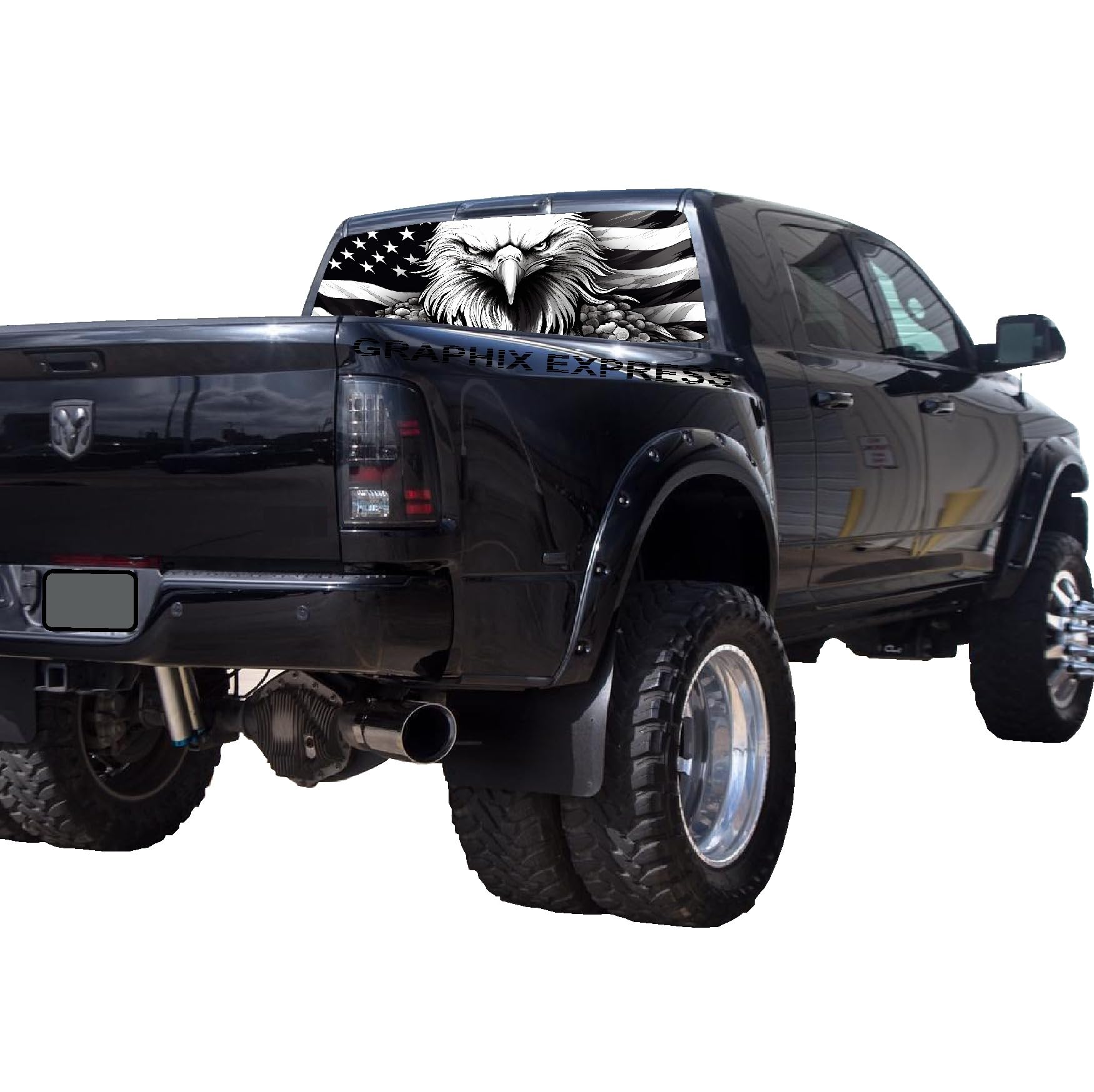 GRAPHIX EXPRESS Truck Back Window Graphics (P543 American Flag Eagle) Universal See Through Rear Window Vinyl Wrap - Full Window Decals for Trucks - Truck Window Decals