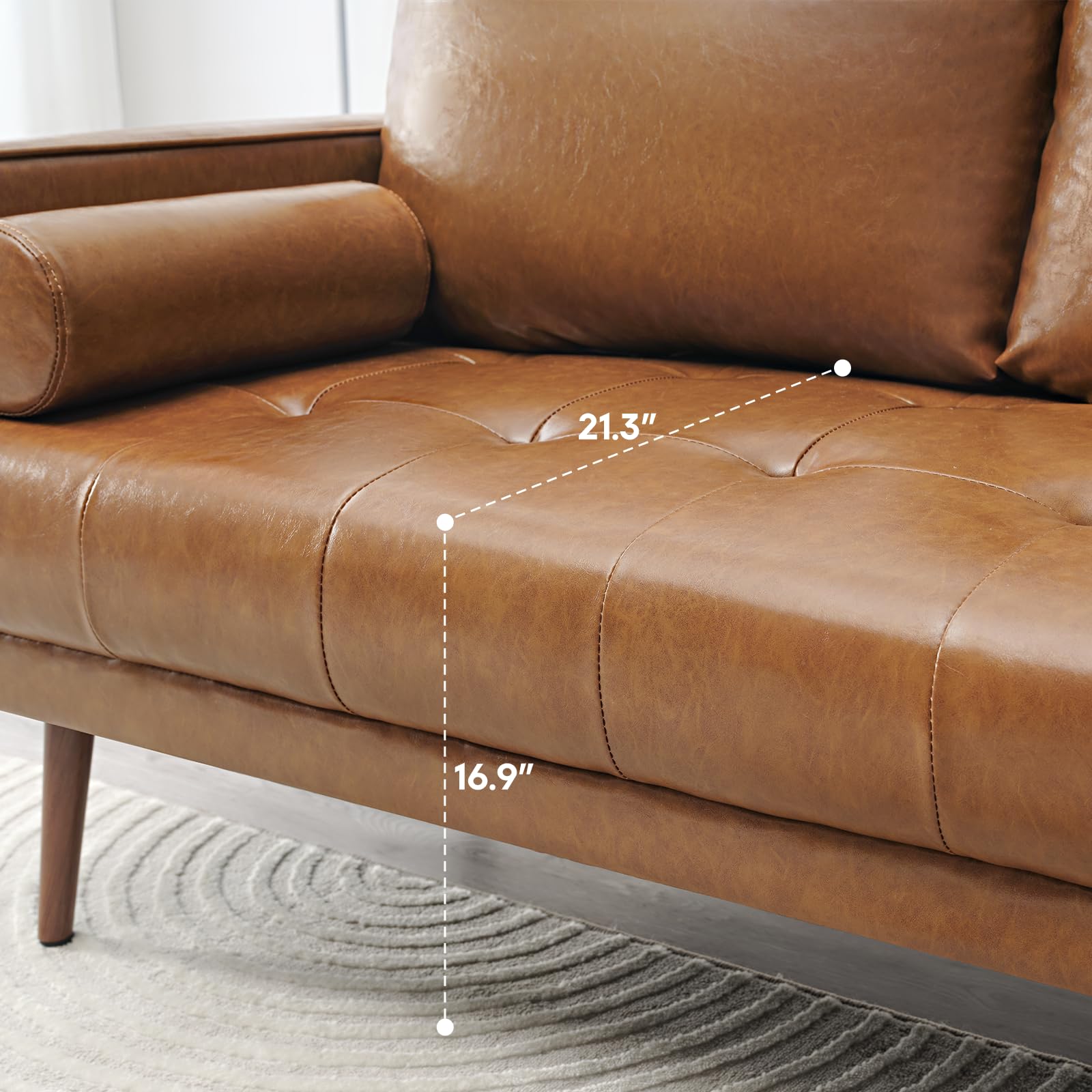 Vonanda Nora 73" Couch and 56" loveseat, Mid-Century Modern Faux Leather 2-Piece Sofa Couches with Comfort Waffle Cushion and Bolster Pillows for Small Apartment, Cognac Tan
