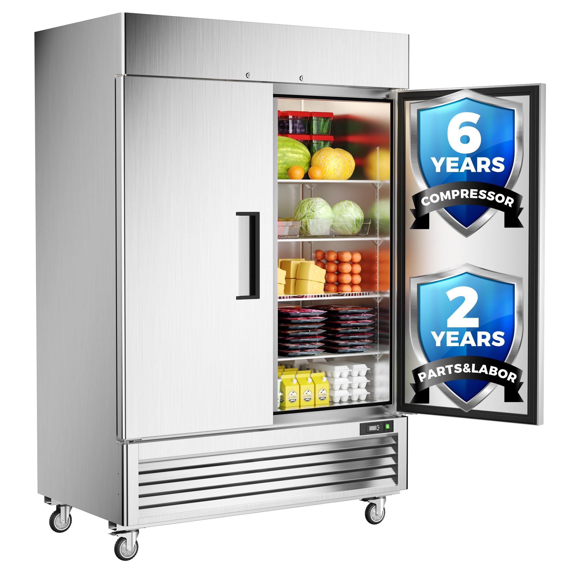 Coolski 54'' W Commercial Refrigerator, Stainless Steel Reach-in Refrigerator with 49 Cu.Ft Capacity/8 Shelves/LED Lighting/33℉~41℉/ETL Approved