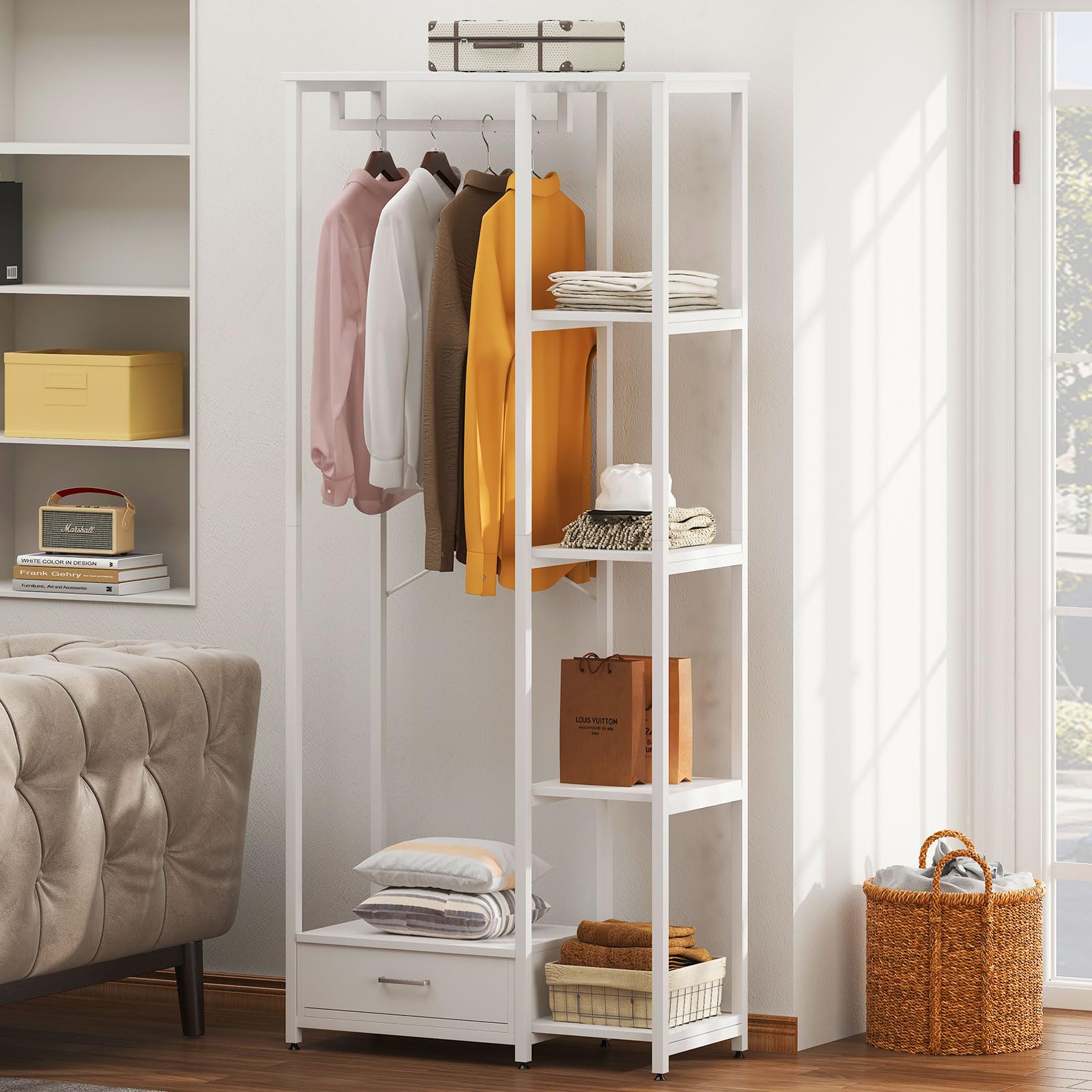 SogesGame Clothes Rack for Hanging Clothes, White Clothing Rack with Shelves and Drawer, Freestanding Garment Rack for Bedroom Wardrobe Rack for Hanging Coats, Shirts, Skirts, Sweaters