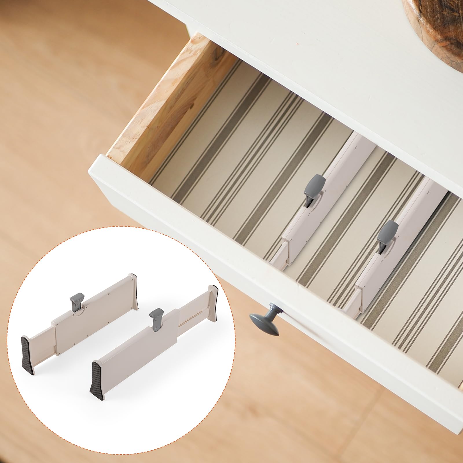 APOCHON 5 Pack Adjustable Drawer Dividers, 4" High, 11-17" Long, Dresser Drawer Divider for Bedroom, Closet, Kitchen, Nursery Organization, Office, Strong & Sturdy Hold, Soft Foam Edges,Beige