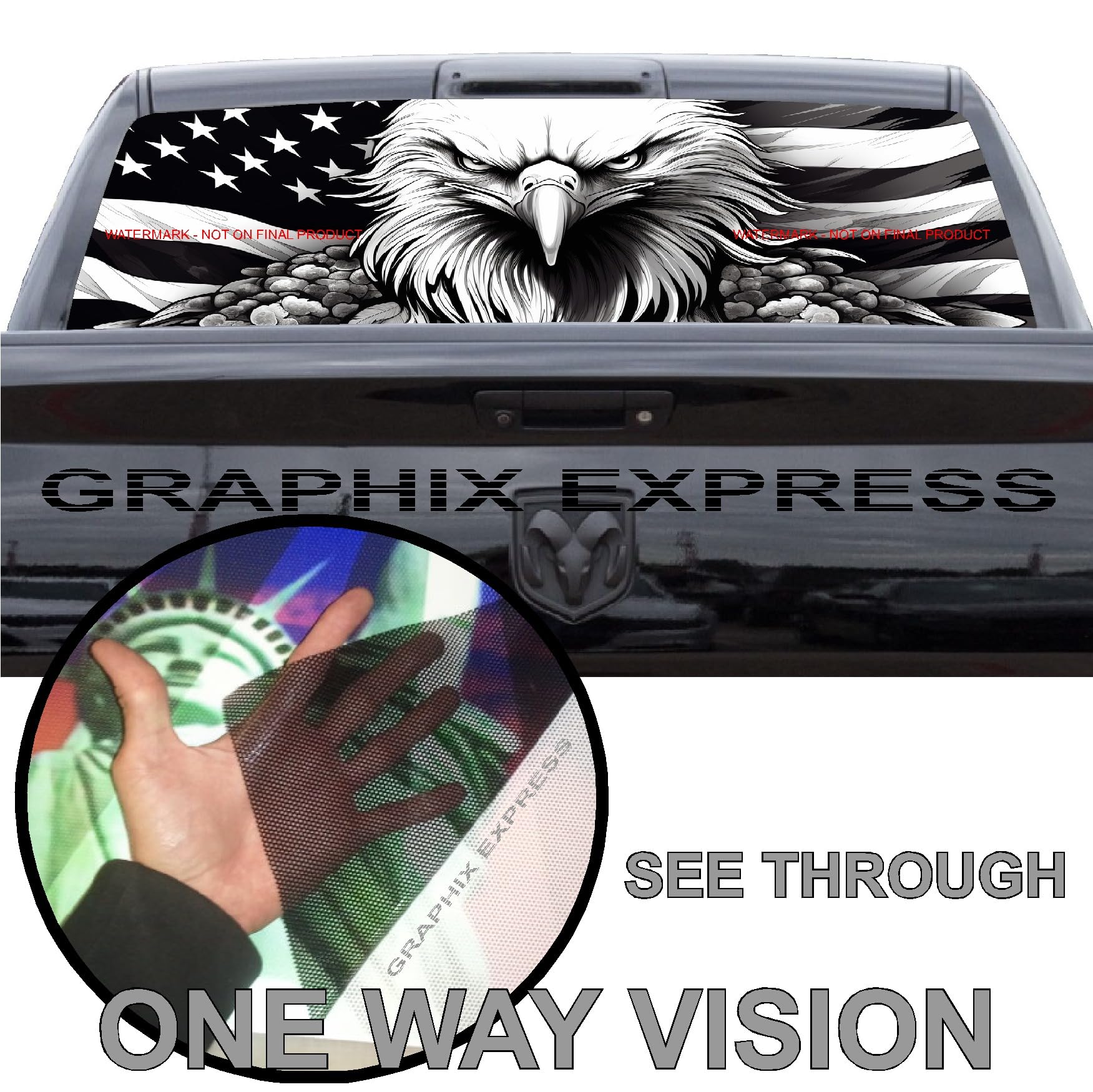 GRAPHIX EXPRESS Truck Back Window Graphics (P543 American Flag Eagle) Universal See Through Rear Window Vinyl Wrap - Full Window Decals for Trucks - Truck Window Decals