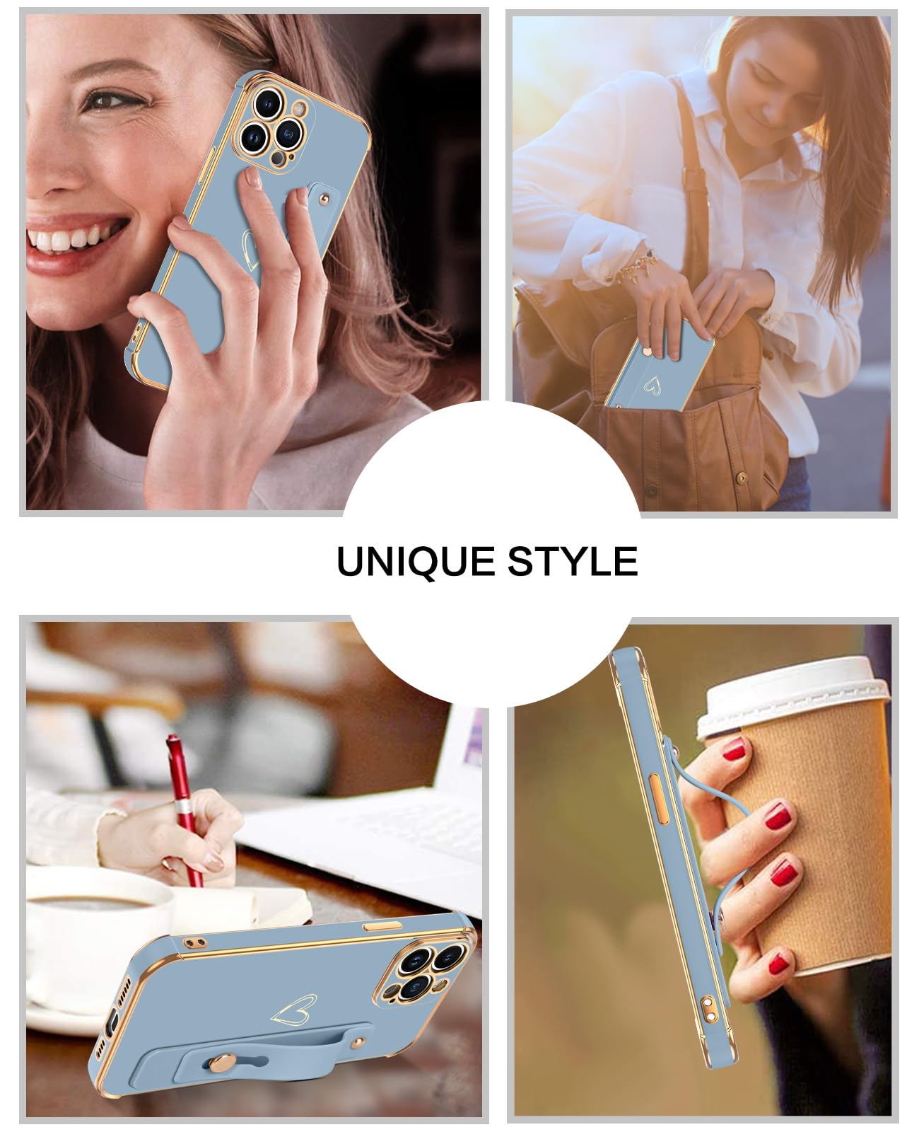 BENTOBEN for iPhone 13 Pro Max Phone Case, Cute Heart Adjustable Strap Wristband Kickstand Holder Shockproof Protective Soft TPU Luxury Plating Raised Trim Girls Women iPhone 13 Pro Max Case, Gray