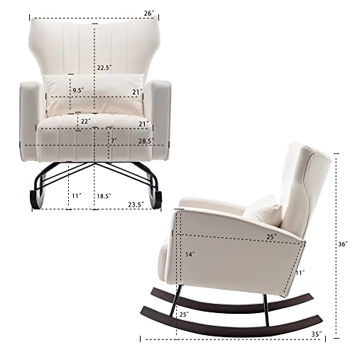 SZUBEE Modern Velvet Nursery, Accent Rocking Chair with with Solid Metal Legs, Upholstered Comfy Glider Rocker for Reading, Bedroom and Living Room,Beige