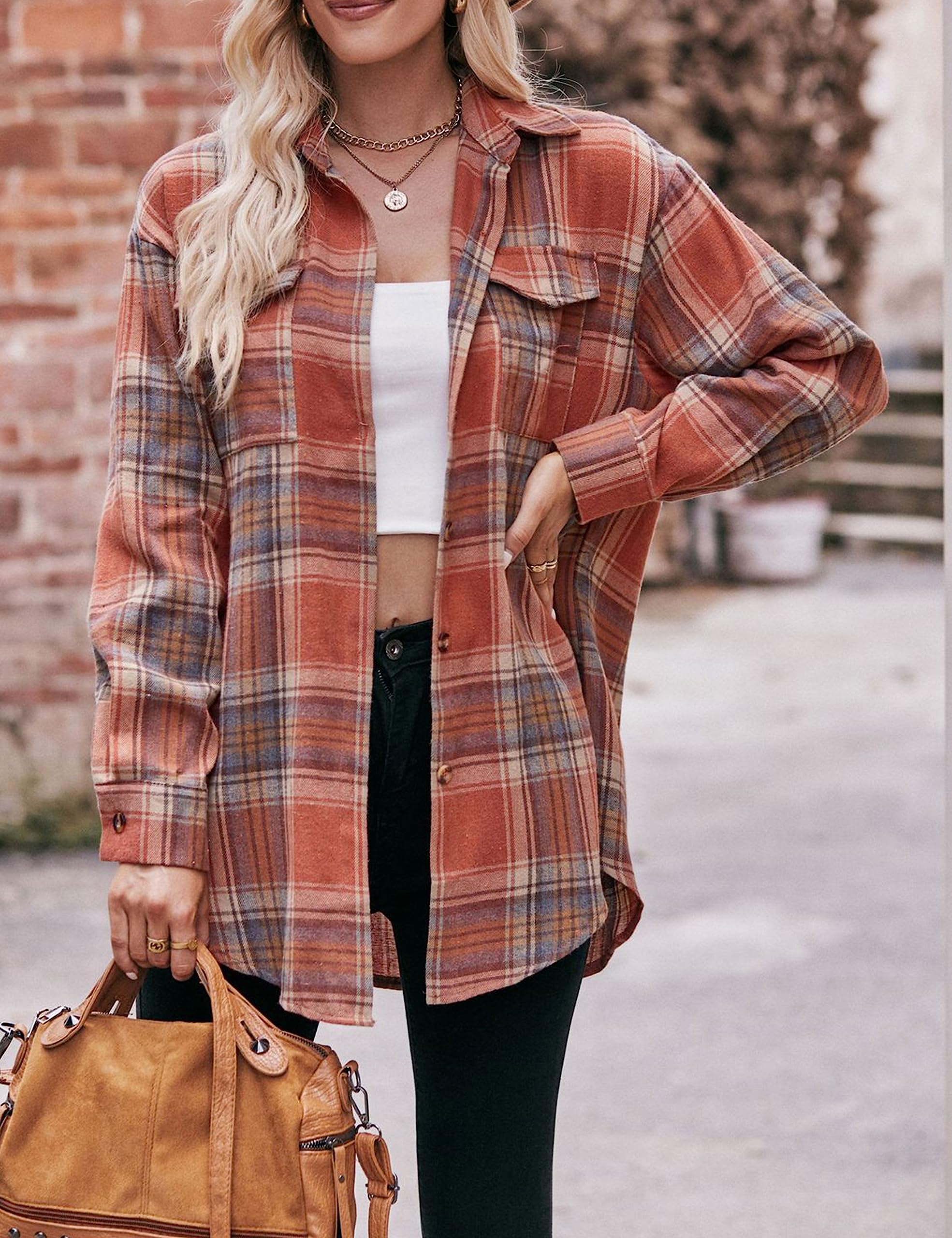 Korebow Women's Lightweight Flannel Plaid Button Down Shirts Oversized Long Sleeve Shacket Jacket Tops(0200-Orange-XL)