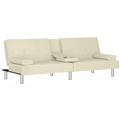 YAFF Modern Folding Sofa Bed, Faux Leather Convertible Sleeper Couch with 2 Cushions & USB connector & Cup Holders, Home Love seat Guest Bed for Living Room, Guest Room, 78.7"W x 35"D x 27.6"H— Cream