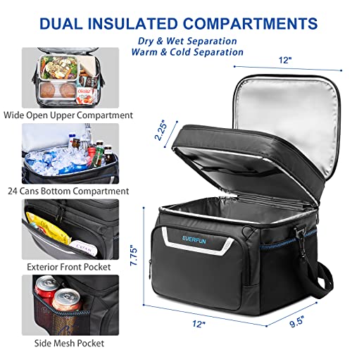 EVERFUN Insulated Cooler Bag Dual Compartments Soft Lunch Bag for Men Lunch Box 24 Can Collapsible Waterproof Leak-Proof Lunch Coolers for Work Office