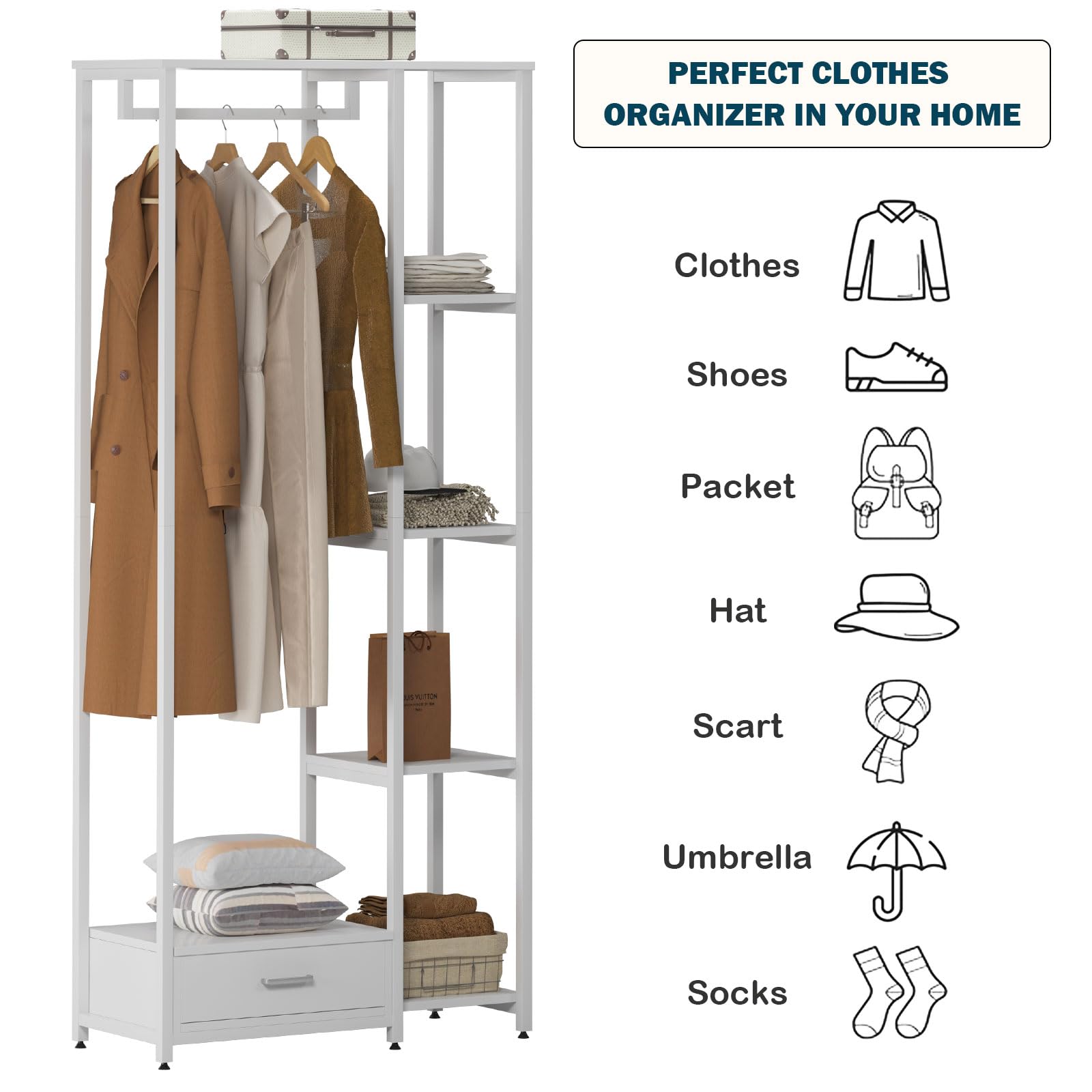SogesGame Clothes Rack for Hanging Clothes, White Clothing Rack with Shelves and Drawer, Freestanding Garment Rack for Bedroom Wardrobe Rack for Hanging Coats, Shirts, Skirts, Sweaters