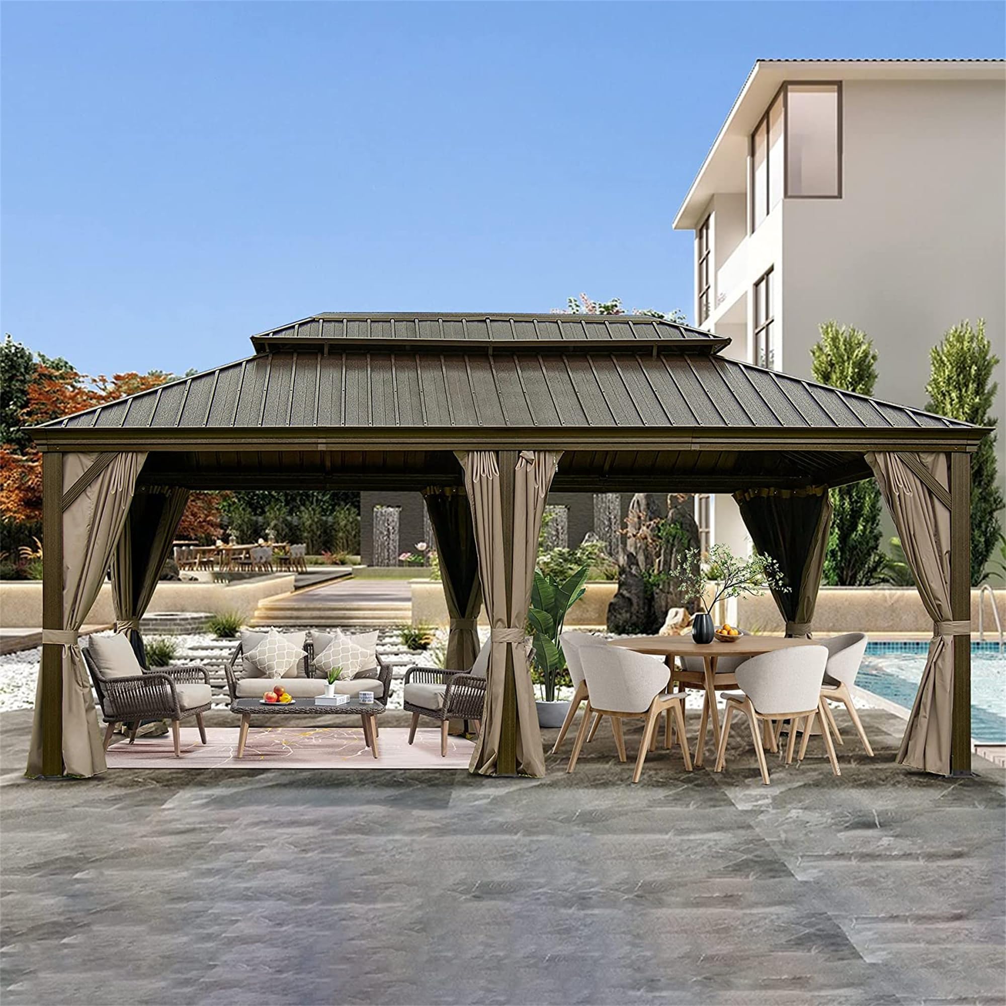 Evedy 12' x 18' Hardtop Gazebo Outdoor Aluminum Wood Grain Gazebos with Galvanized Steel Double Canopy for Patios Deck Backyard,Curtains&Netting,Outdoor Permanent Metal Pavilion