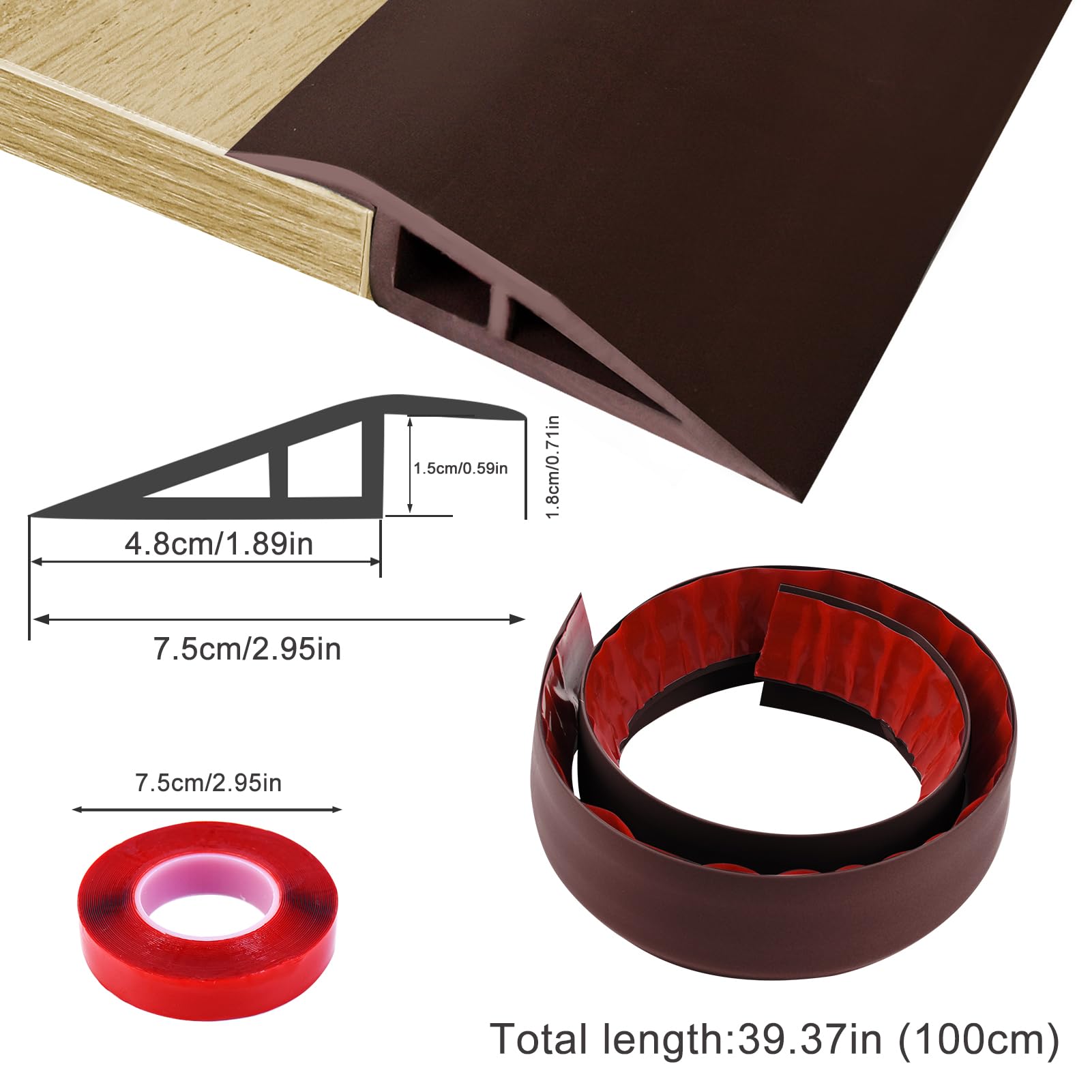 3.3Ft Self-Adhesive Floor Transition Strip, 1/2''~3/5'' Height Carpet to Tile Floor Divider Strip Reducer Peel and Stick Floor Edging Trim Strip Doorway Threshold Cover for Laminate Floor Mat (Coffee)