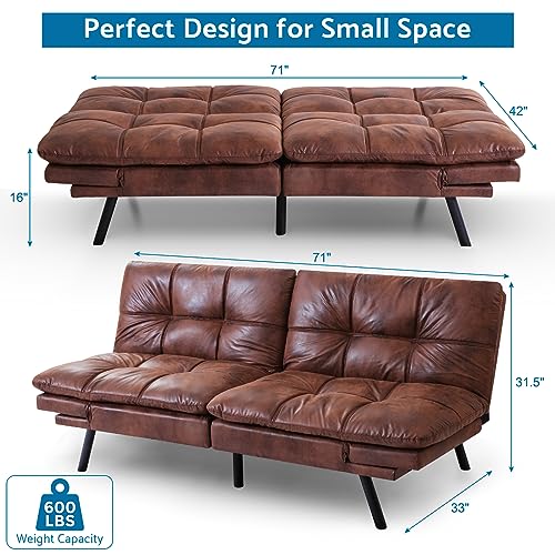 LIFERECORD Futon Sofa Bed Loveseat Sleeper Memory Foam with Adjustable Armrest&Backrest,Modern Convertible Couches for Living Room, Bedroom, Small Spaces, Brown