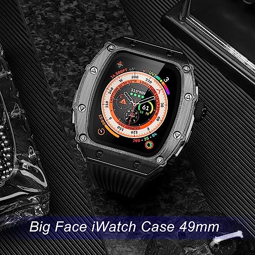 Luxury Case for Apple Watch Band 49mm, Rugged Bumper Metal Cover + Built-in Glass +Silicon Strap for Men's Heavy Duty iWatch Series Ultra 2 49mm Protective Case (49mm, Black)
