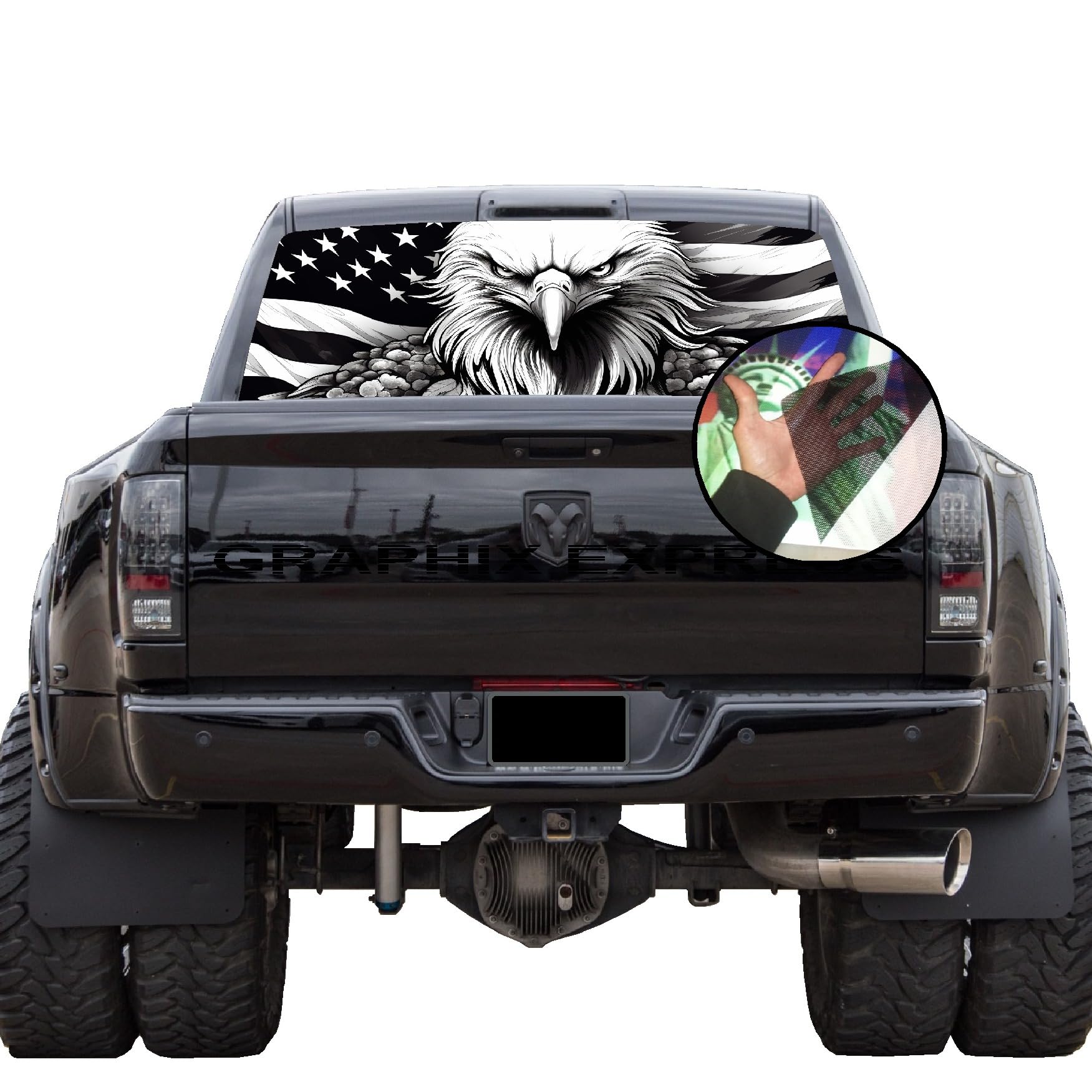 GRAPHIX EXPRESS Truck Back Window Graphics (P543 American Flag Eagle) Universal See Through Rear Window Vinyl Wrap - Full Window Decals for Trucks - Truck Window Decals