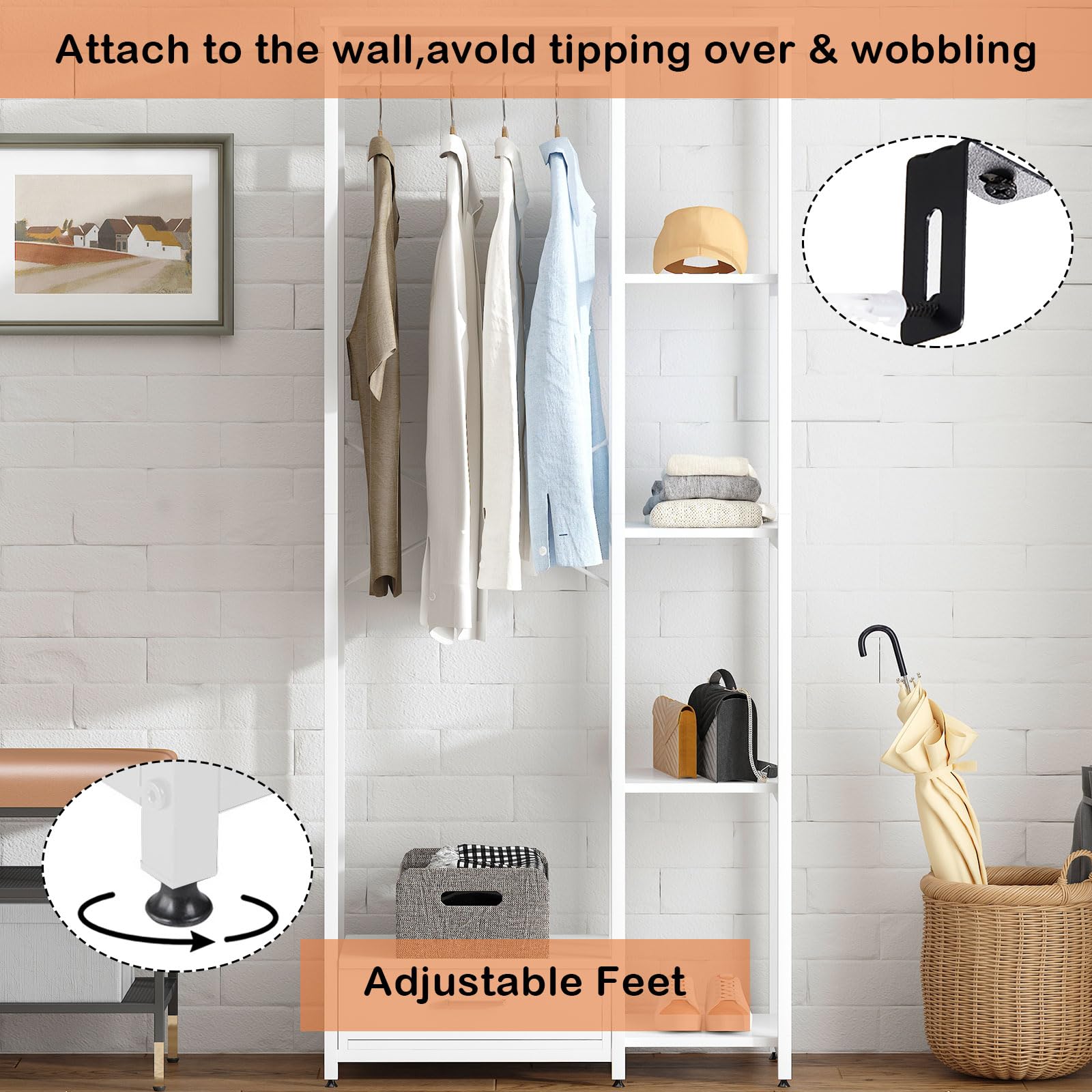 SogesGame Clothes Rack for Hanging Clothes, White Clothing Rack with Shelves and Drawer, Freestanding Garment Rack for Bedroom Wardrobe Rack for Hanging Coats, Shirts, Skirts, Sweaters