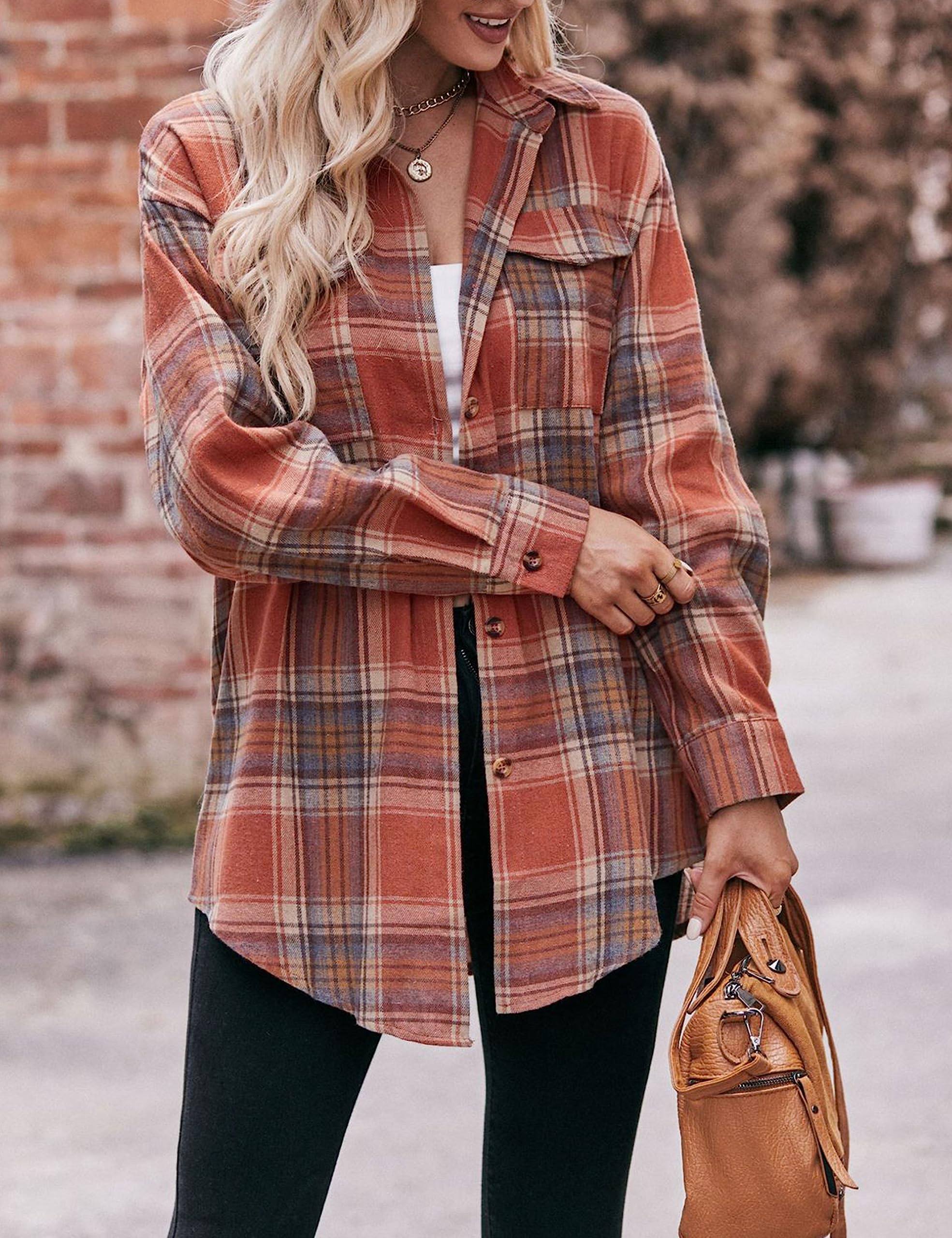 Korebow Women's Lightweight Flannel Plaid Button Down Shirts Oversized Long Sleeve Shacket Jacket Tops(0200-Orange-XL)