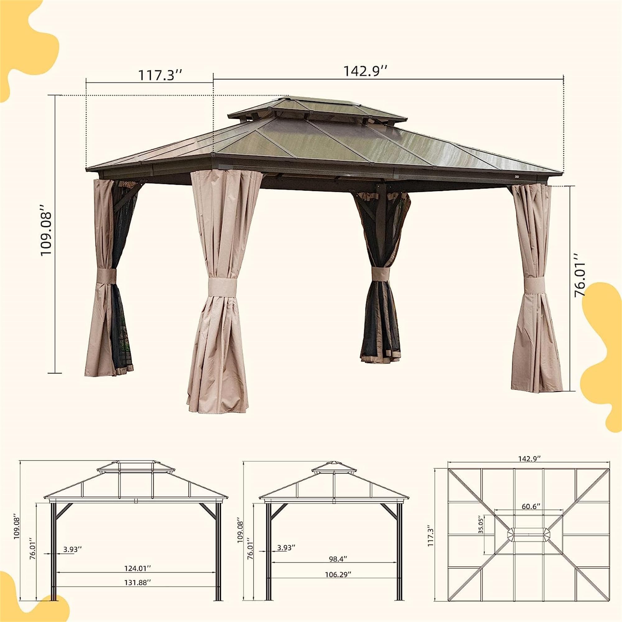 DHPM 10' x 12' Hardtop Gazebo, Permanent Outdoor Aluminum Patio Gazebo with Aluminum Composite Polycarbonate Double Roop for Patio Lawn and Garden, Curtains and Netting Included