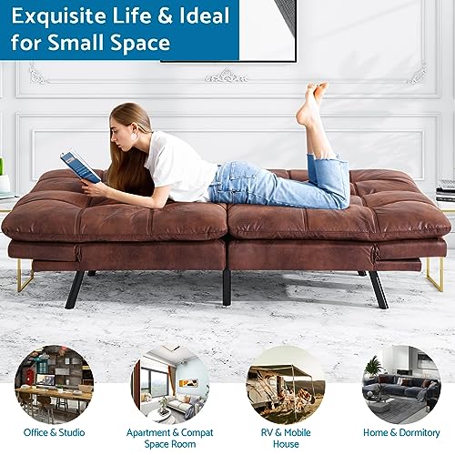 LIFERECORD Futon Sofa Bed Loveseat Sleeper Memory Foam with Adjustable Armrest&Backrest,Modern Convertible Couches for Living Room, Bedroom, Small Spaces, Brown