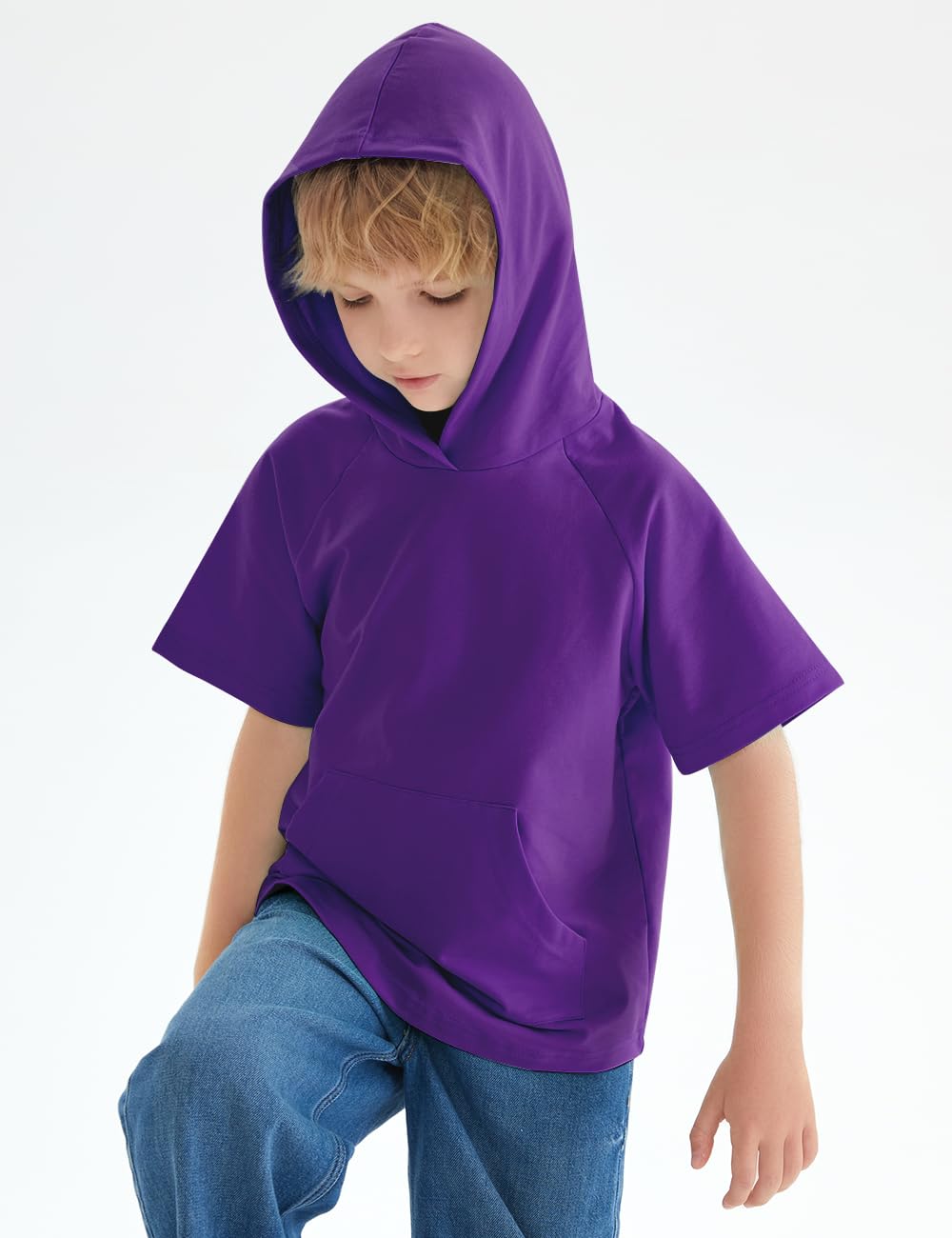 Spring&Gege Boys Light Weight Short Sleeve Hoodie Casual Solid Pullover Hooded T-shirt with Pocket, Purple, 9-10 Years