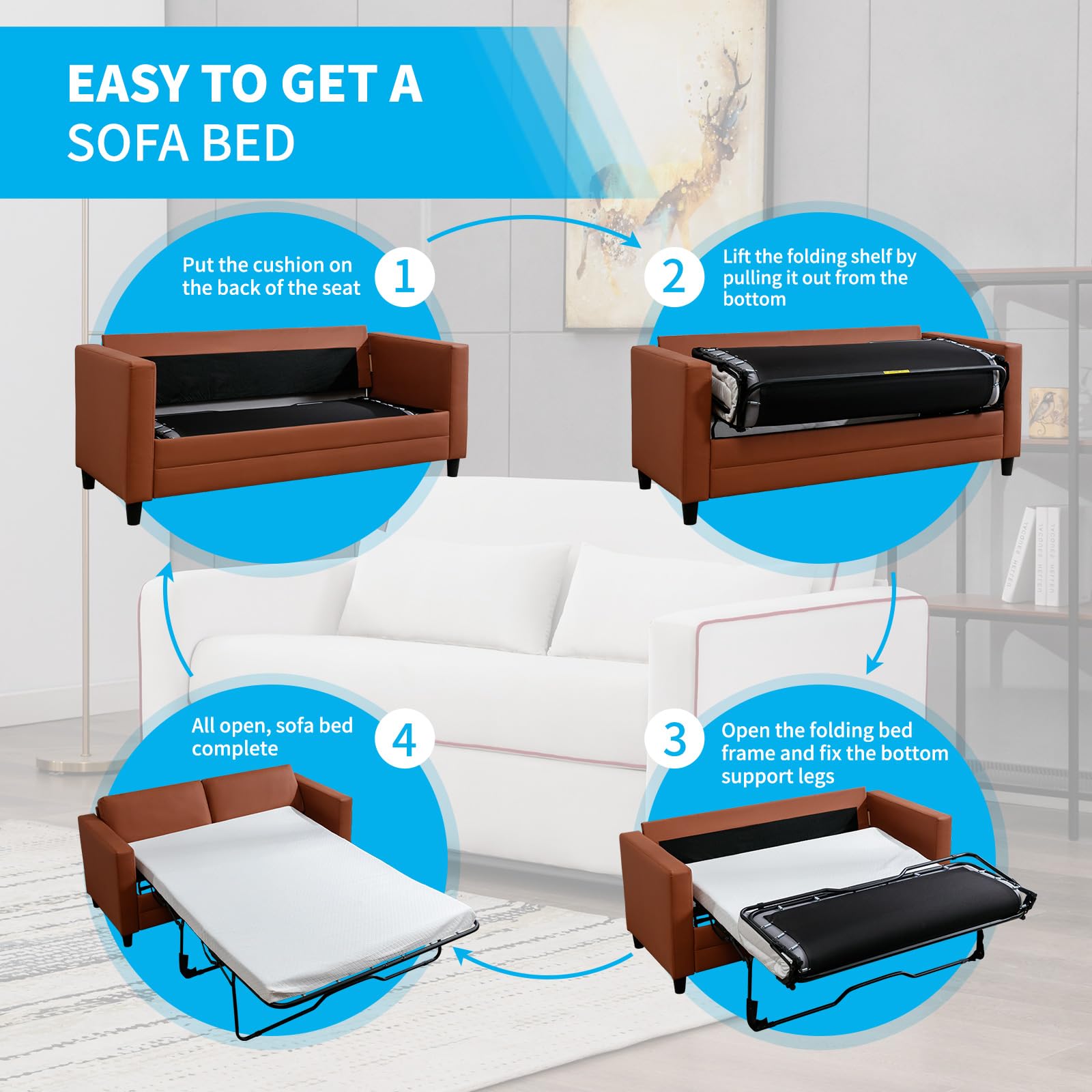Horgaeo Full Size Pull Out Sofa Bed, 2-in-1 Sleeper Sofa with Cat Scratch Resistant Leather Fabric, Modern Loveseat Couch Bed with Fold Out Mattress for Living Room/Guestroom(Cognac Tan)