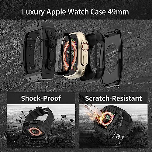 Luxury Case for Apple Watch Band 49mm, Rugged Bumper Metal Cover + Built-in Glass +Silicon Strap for Men's Heavy Duty iWatch Series Ultra 2 49mm Protective Case (49mm, Black)